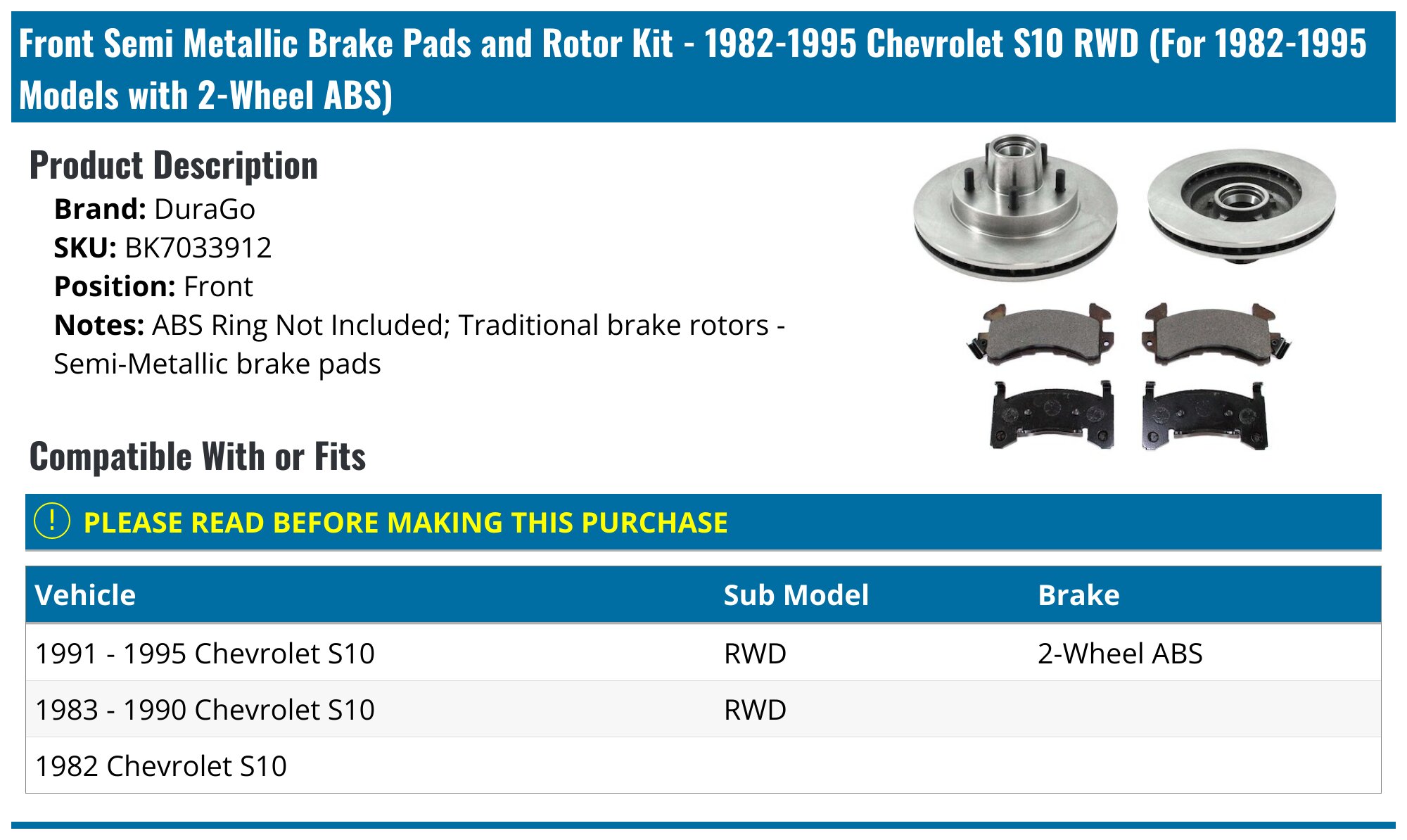 1982-1995 Chevrolet S10 Brake Rotor - DuraGo BK7033912 - Front ...
