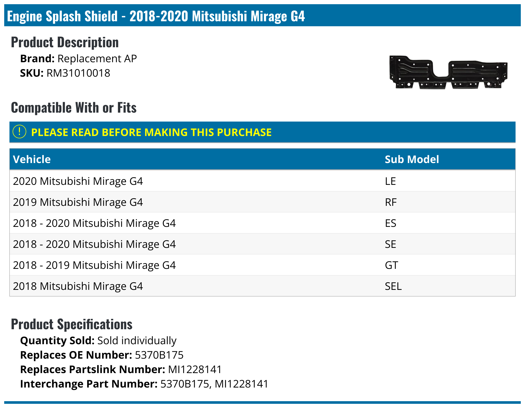 2018-2022 Mitsubishi Mirage G4 Lower Engine Cover - Replacement AP ...