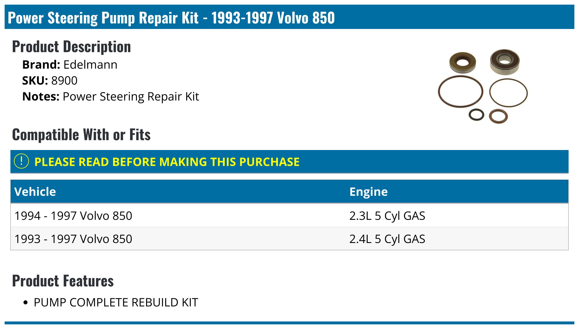 1993-1997 Volvo 850 Power Steering Pump Repair Kit - Edelmann 8900 ...