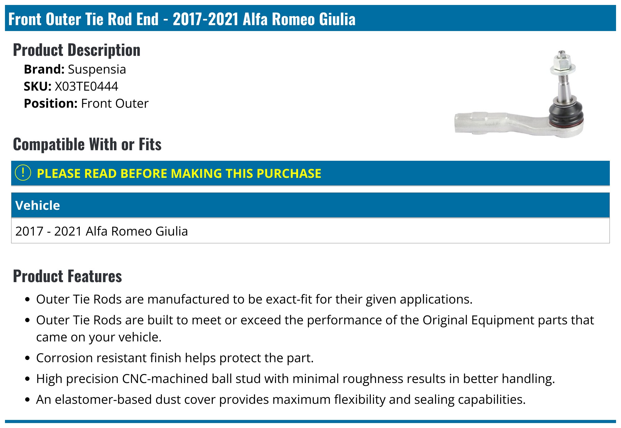 2017-2021 Alfa Romeo Giulia Tie Rod End - Suspensia X03TE0444 - Front ...