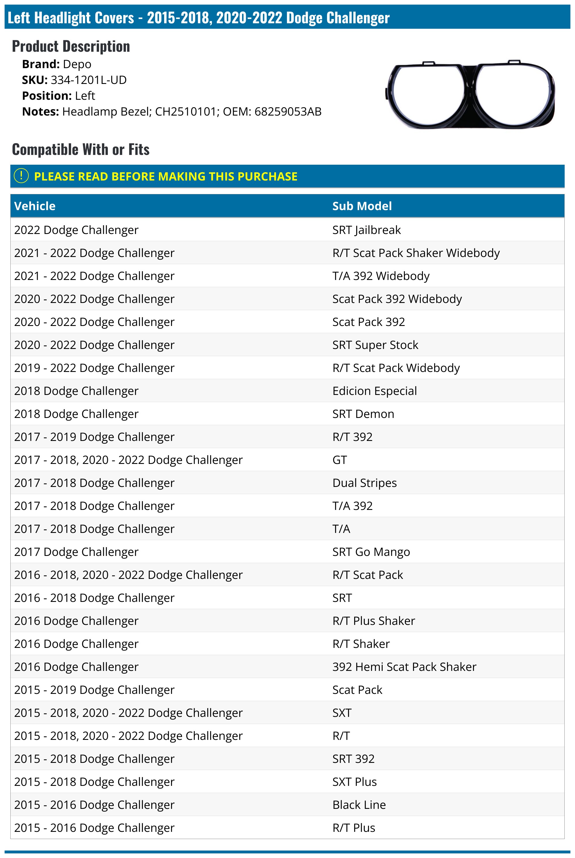 2015-2023 Dodge Challenger Headlight Covers - Depo 334-1201L-UD - Left ...