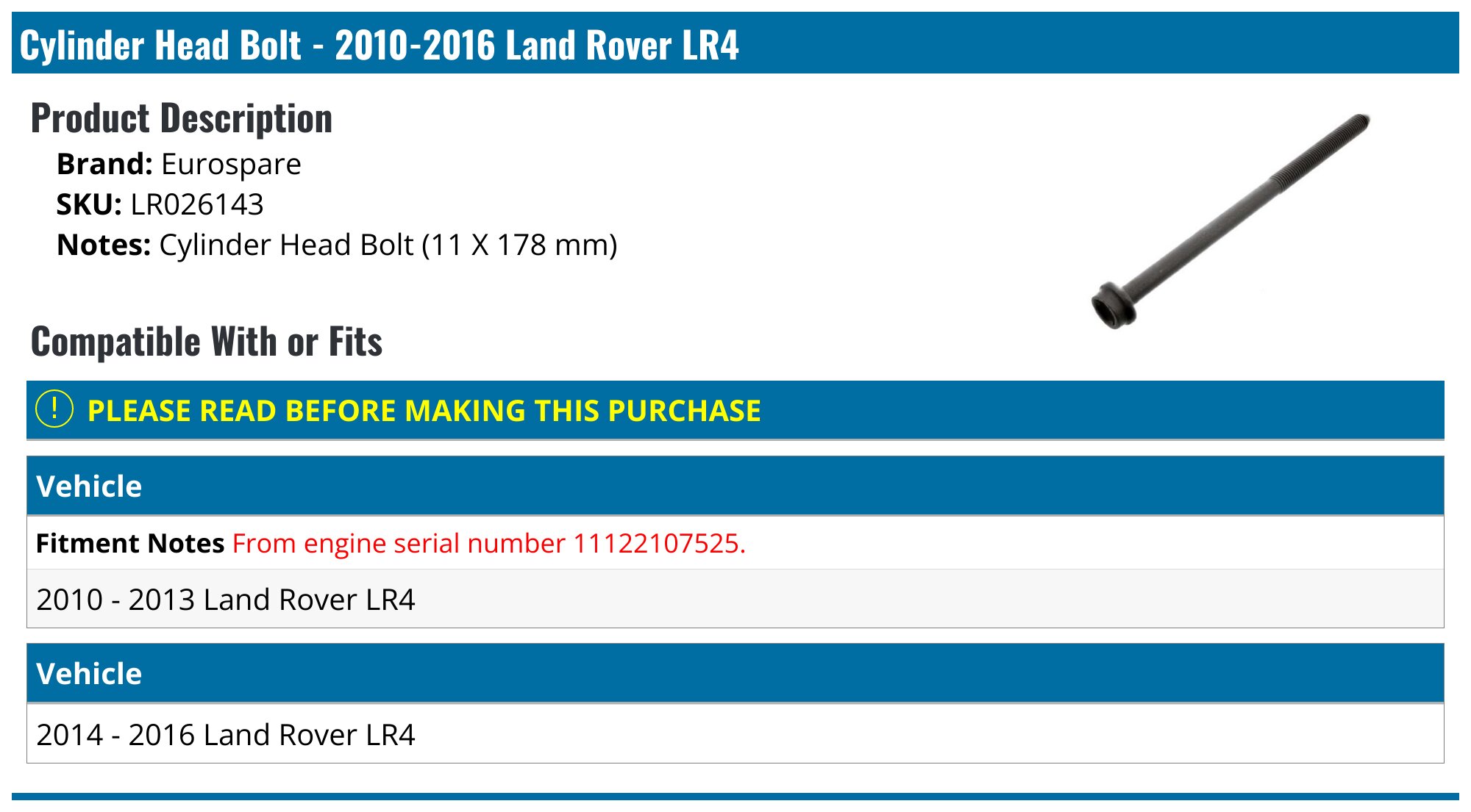 2010-2016 Land Rover LR4 Head Bolt - Eurospare LR026143 - PartsGeek.com