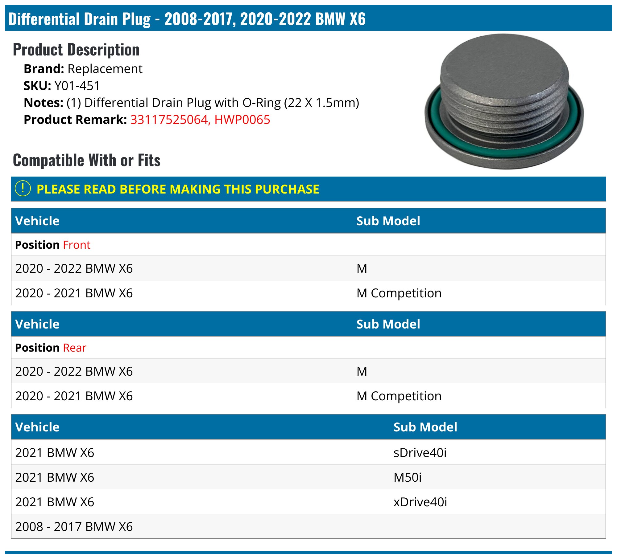 2008-2017, 2020-2022 BMW X6 Differential Drain Plug - Replacement Y01 ...