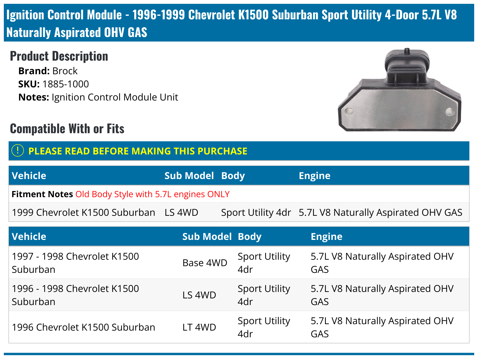 1996-1999 Chevrolet K1500 Suburban Ignition Control Module - Brock 1885 ...