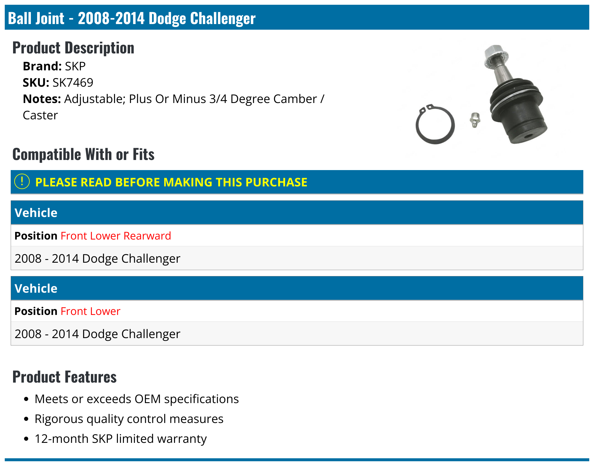 2008-2023 Dodge Challenger Ball Joint - SKP SK7469 - Front Lower ...