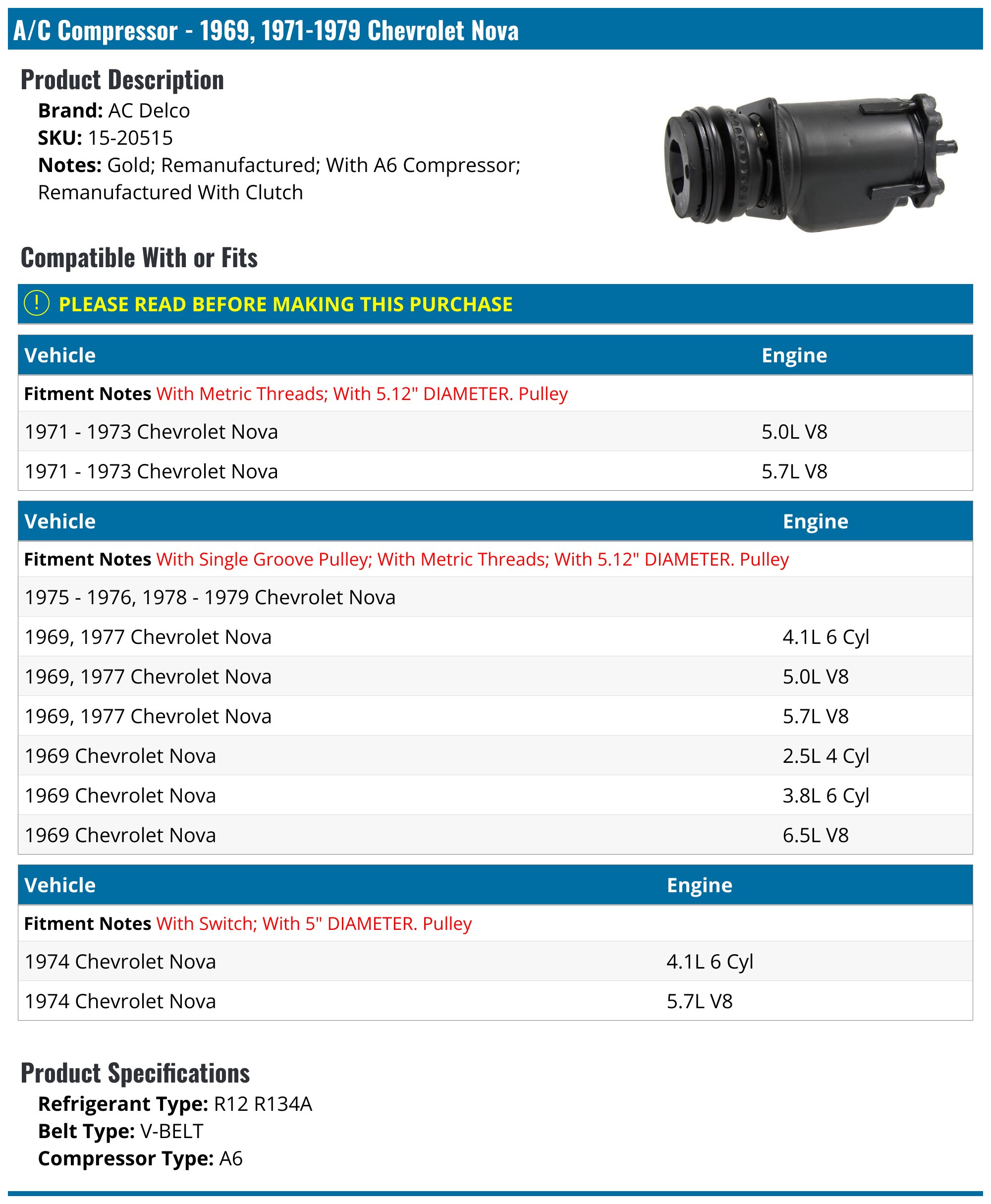 1969, 1971-1979 Chevrolet Nova A/C Compressor - AC Delco 15-20515 ...