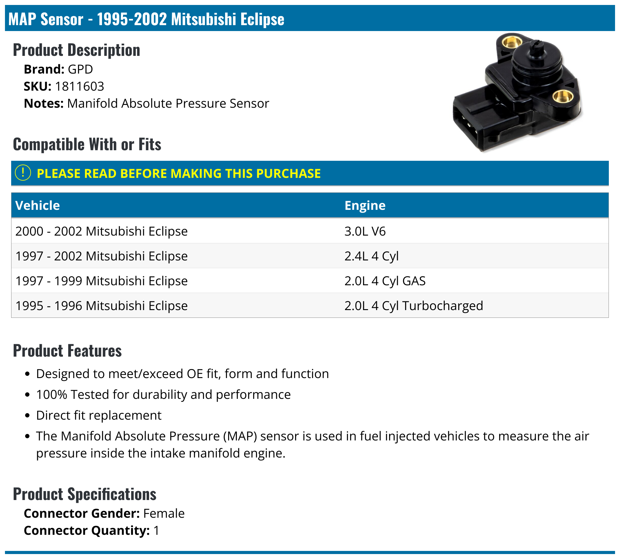 1995-2002 Mitsubishi Eclipse MAP Sensor - GPD 1811603 - PartsGeek.com