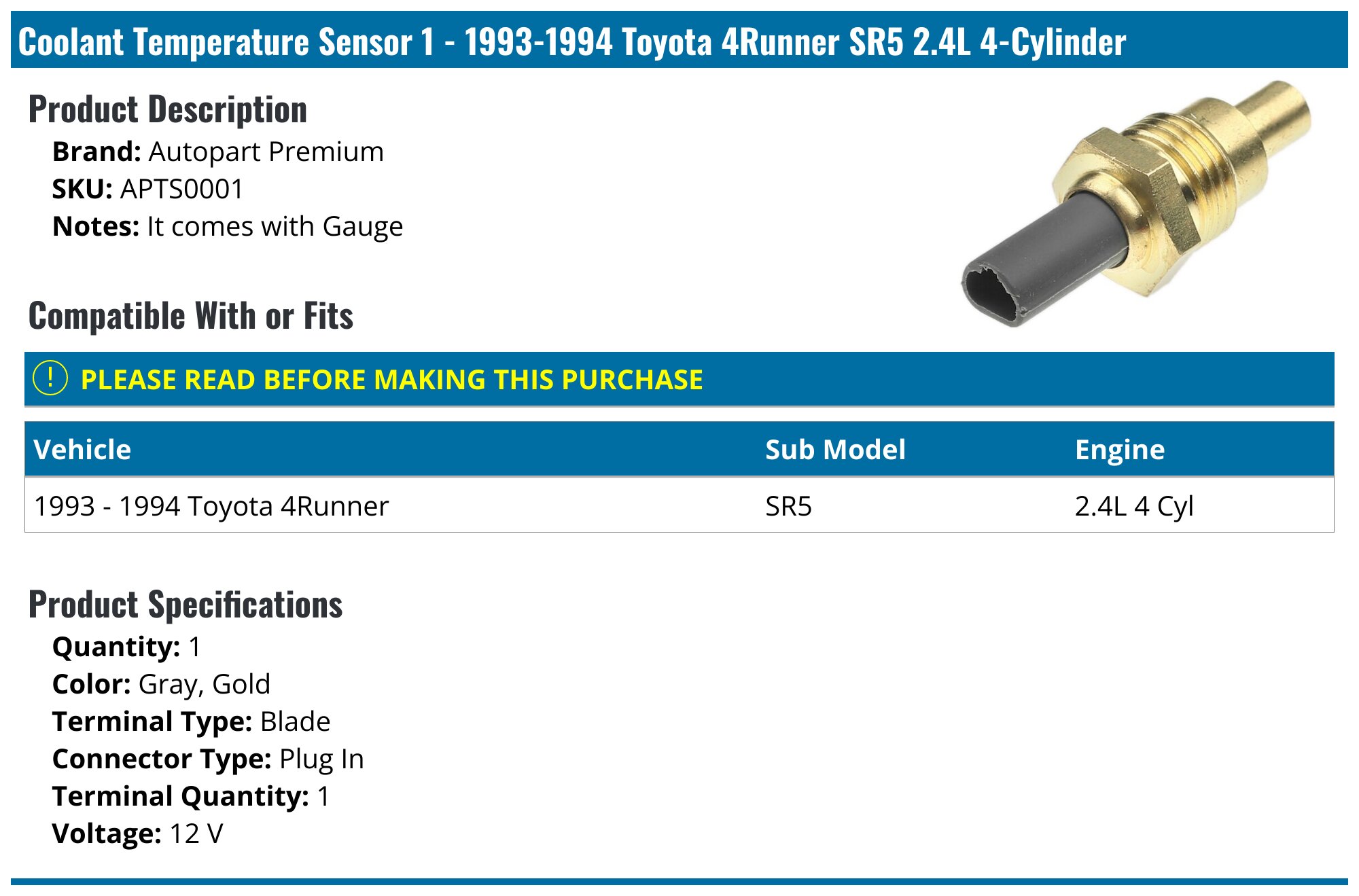 1993-1994 Toyota 4Runner Engine Coolant Temperature Sensor - Autopart ...