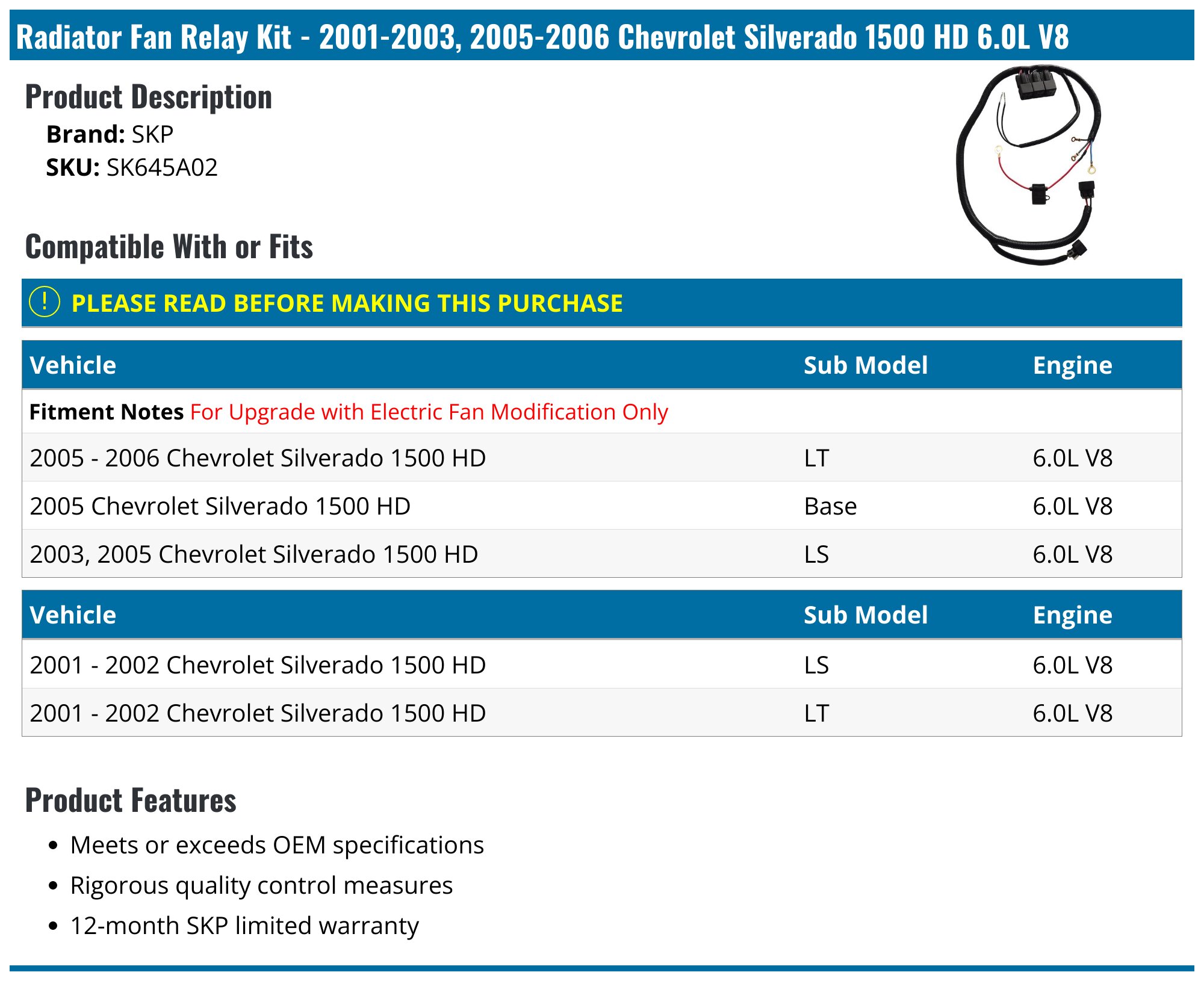 2001-2003, 2005-2006 Chevrolet Silverado 1500 HD Radiator Fan Relay Kit ...