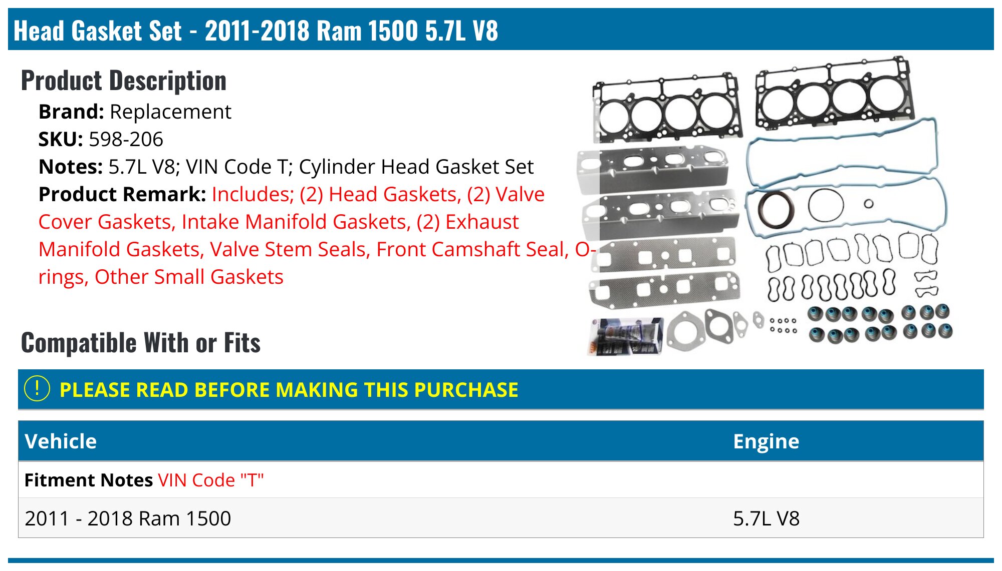 2011-2018 Ram 1500 Head Gasket - Replacement 598-206 - - PartsGeek.com