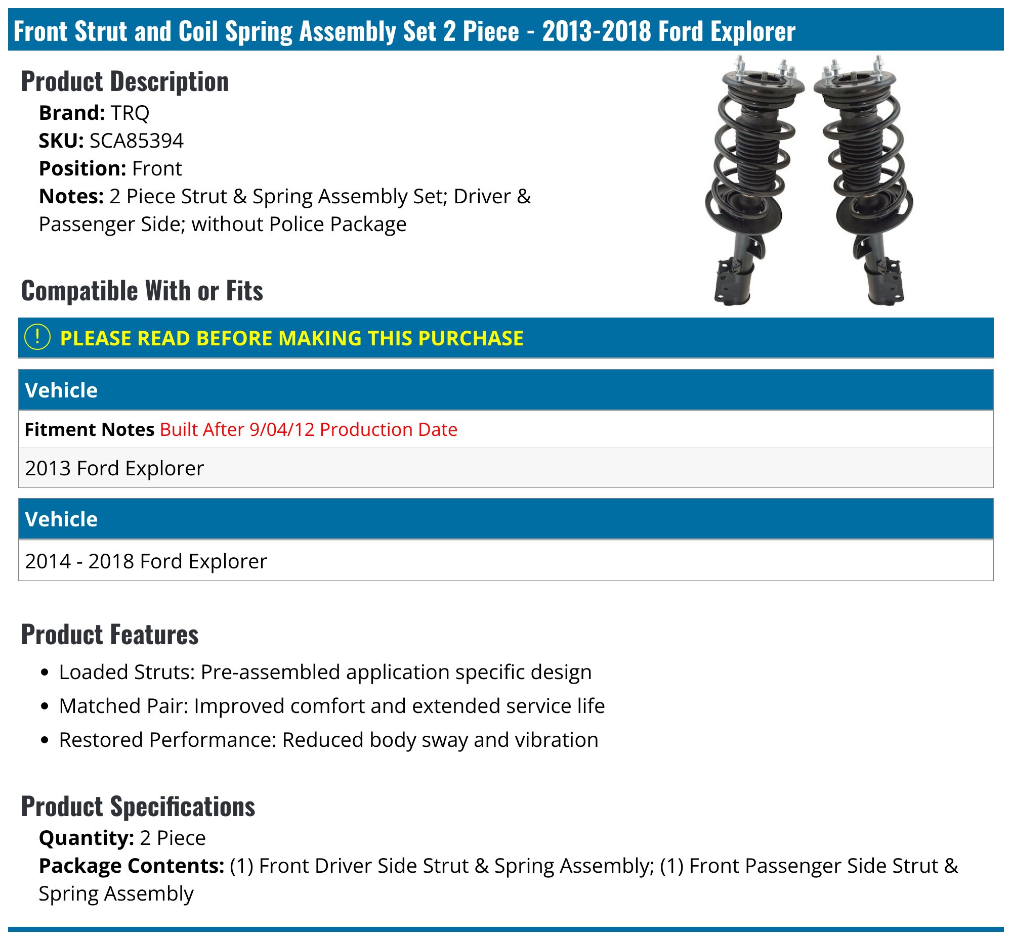 2013-2019 Ford Explorer Strut Assembly - TRQ SCA85394 - Front ...