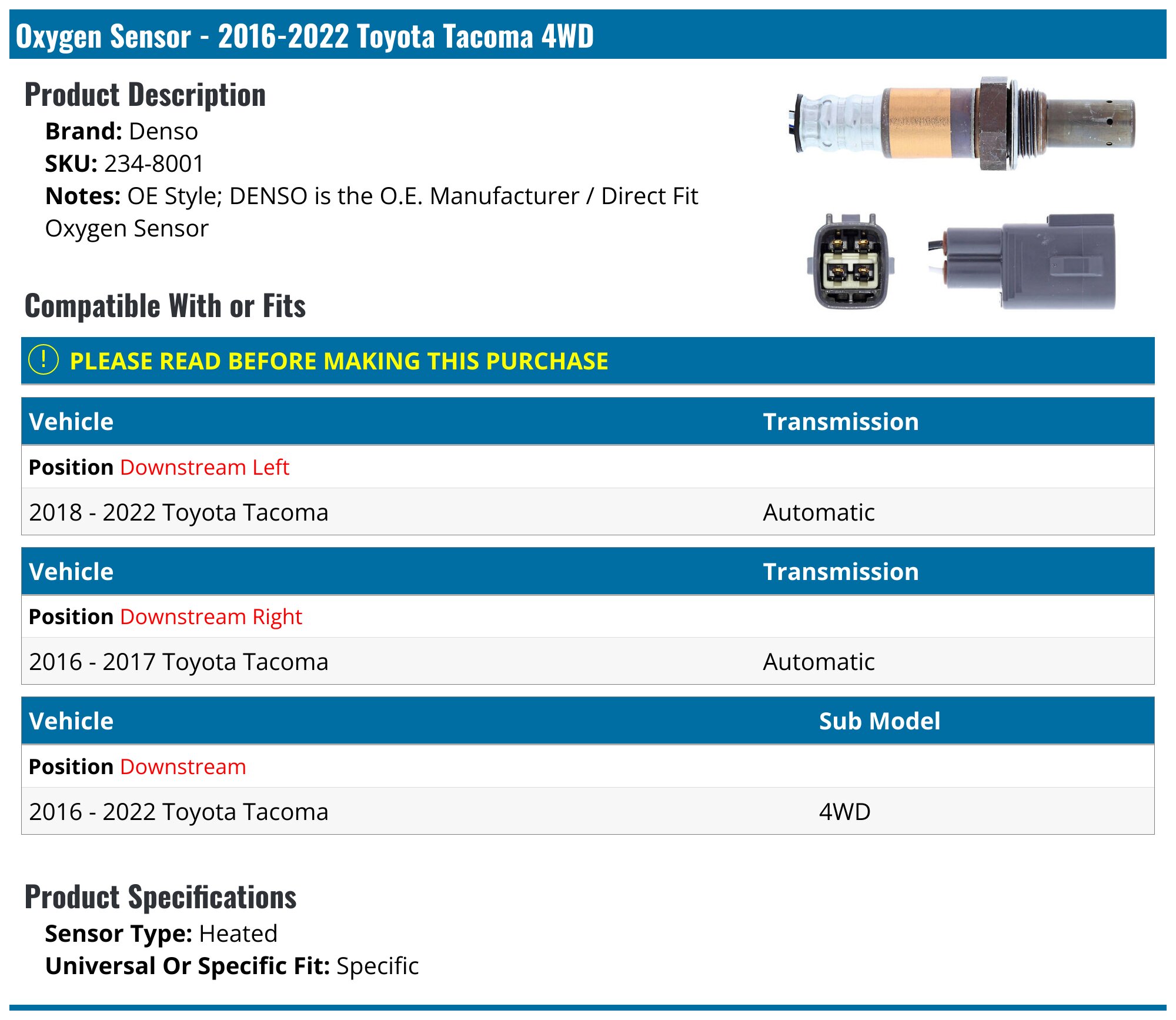 2016-2023 Toyota Tacoma Oxygen Sensor - Denso 234-8001 - Downstream ...