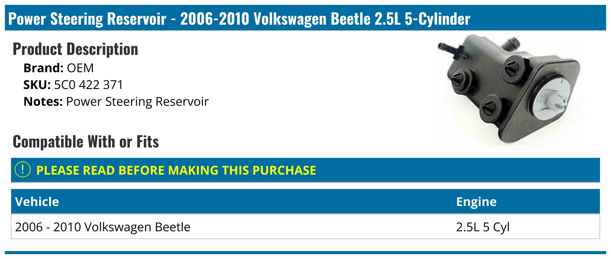 2006-2010 Volkswagen Beetle Power Steering Reservoir - OEM 5C0 422 371 ...