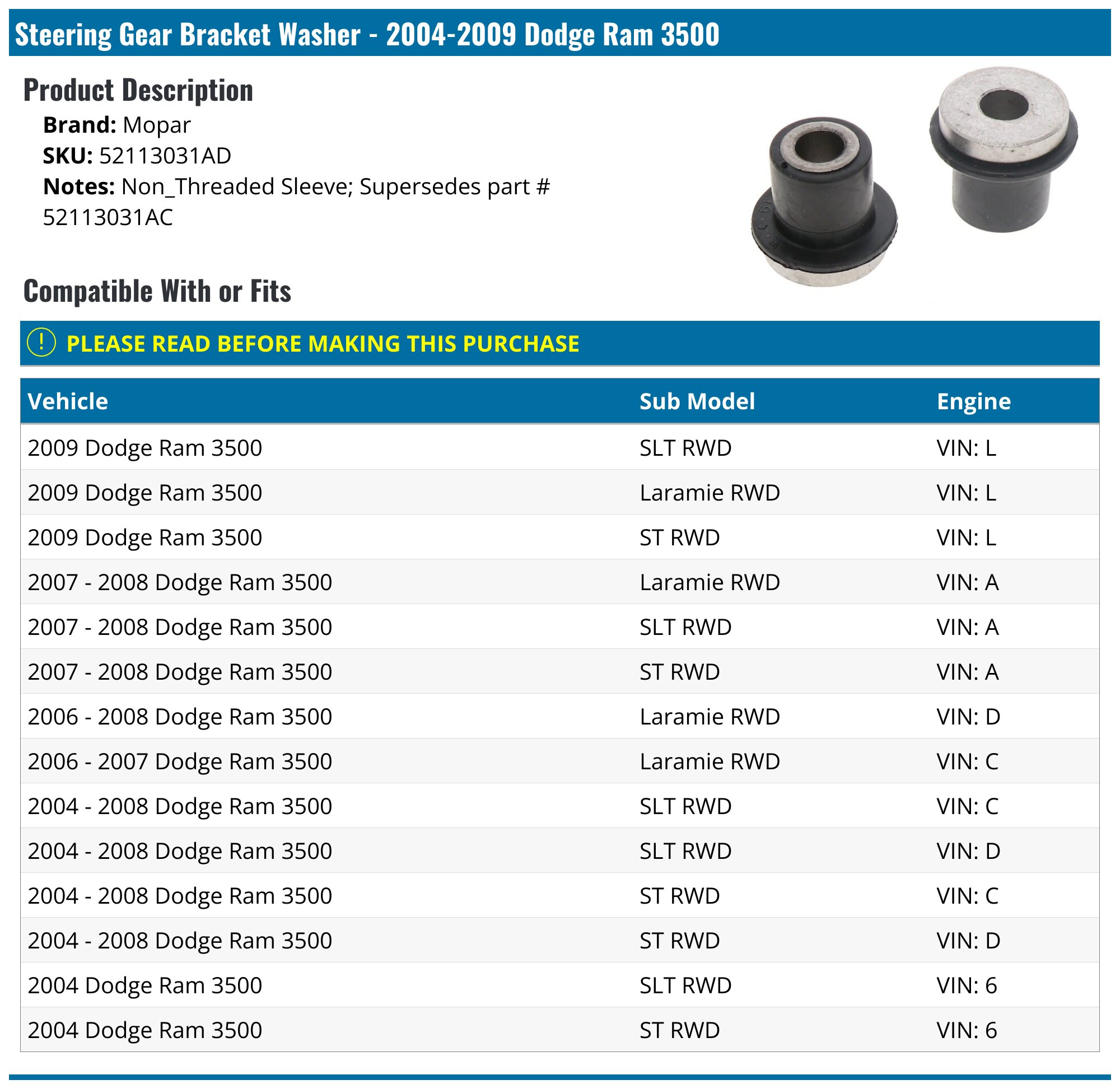 2004-2009 Dodge Ram 3500 Steering Gear Bracket Washer - Mopar ...