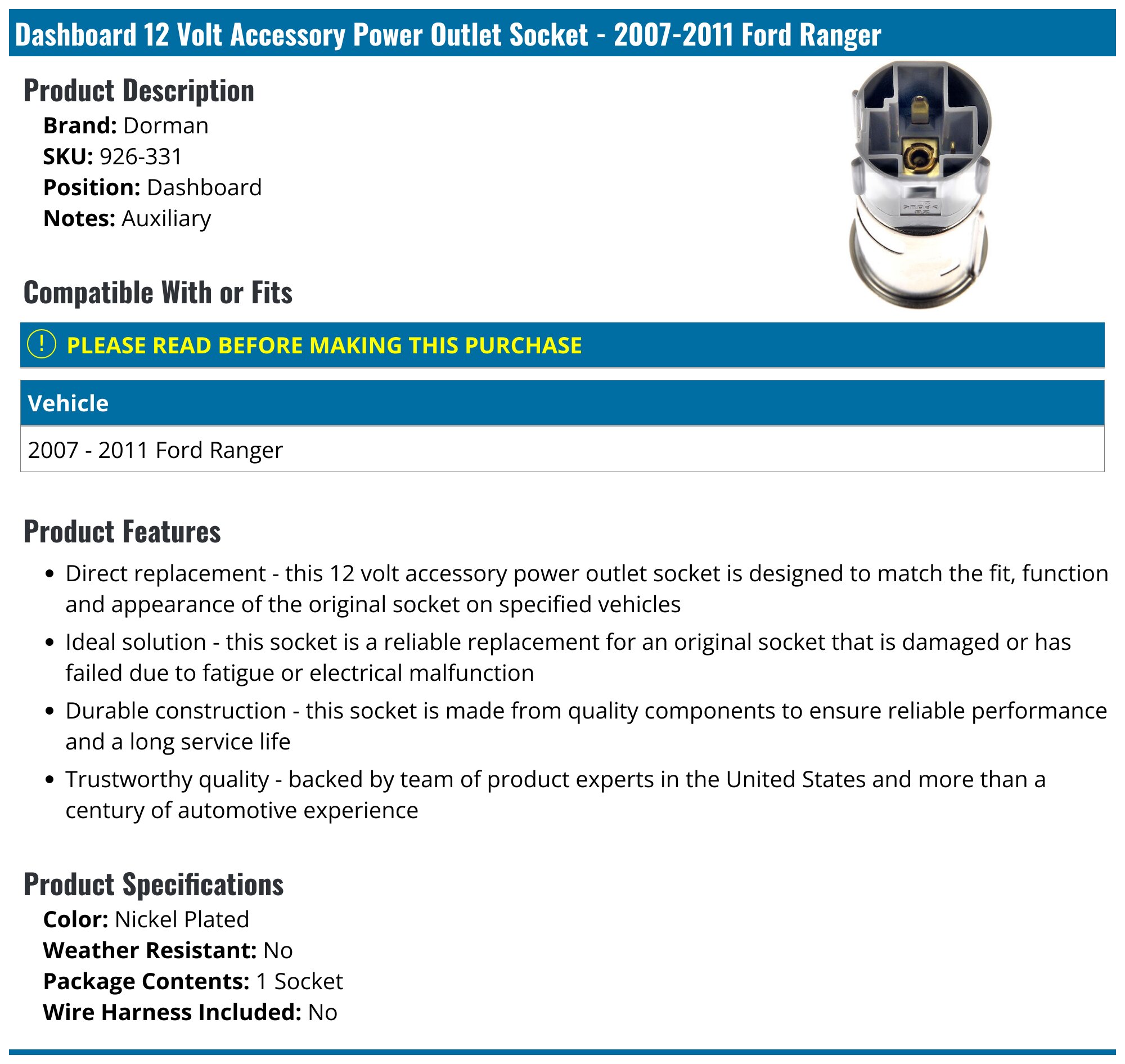 2007-2011 Ford Ranger 12 Volt Accessory Power Outlet Socket - Dorman ...