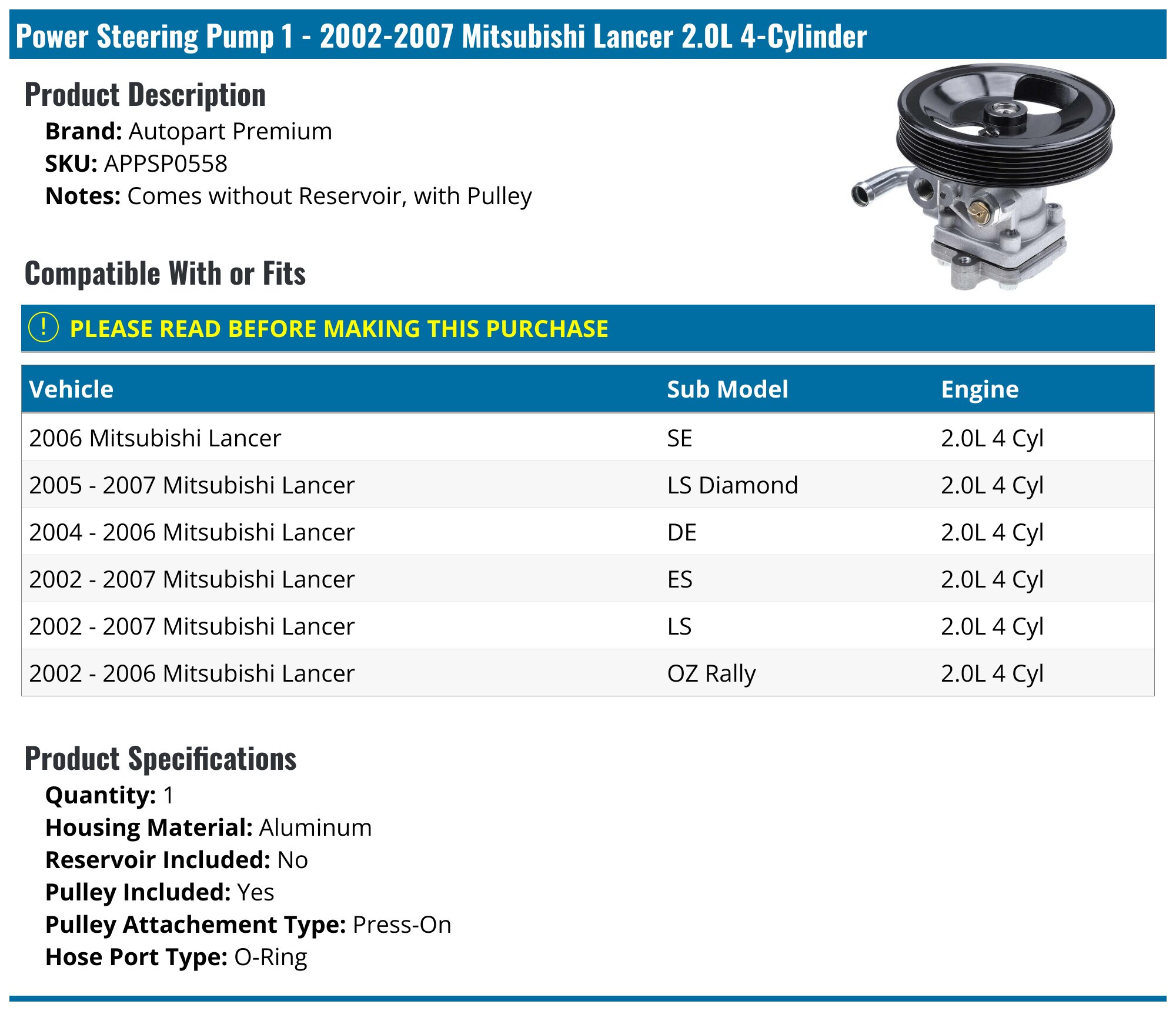 2002-2007 Mitsubishi Lancer Power Steering Pump - Autopart Premium ...