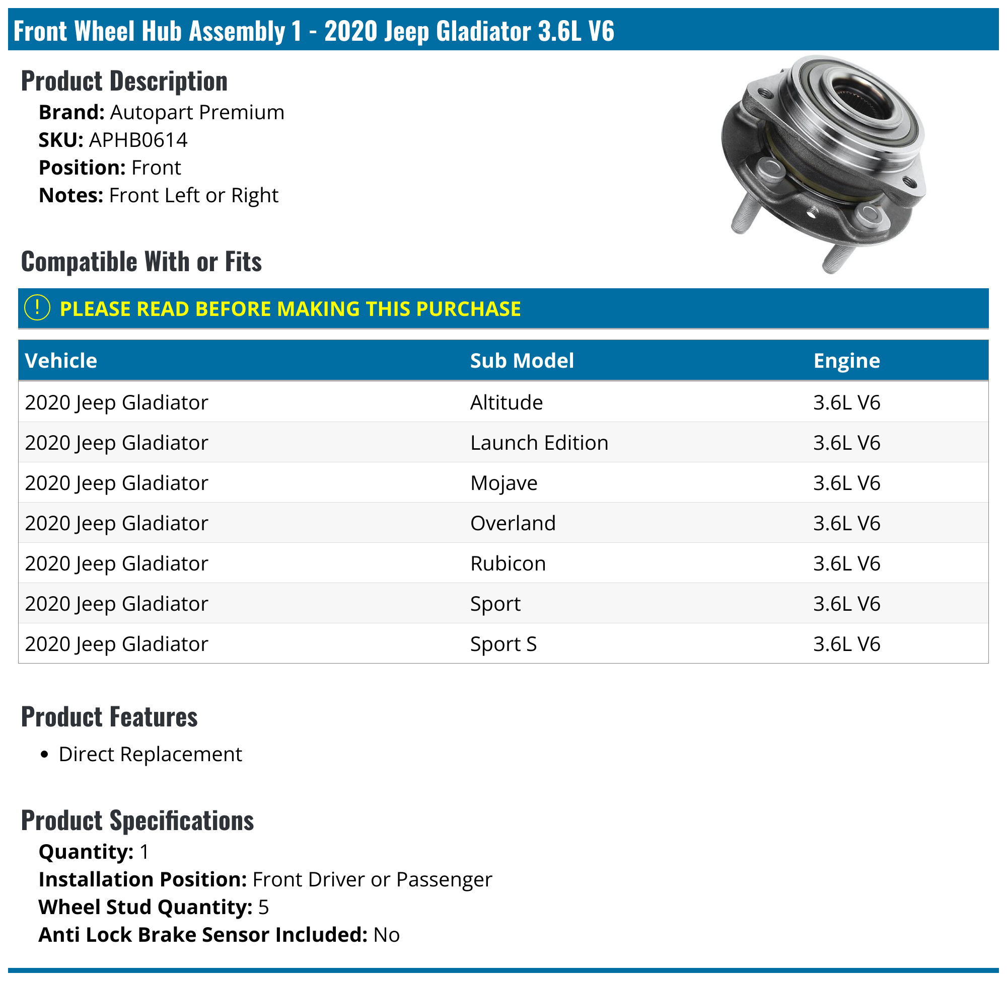 2020 Jeep Gladiator Wheel Hub Assembly - Autopart Premium APHB0614 ...
