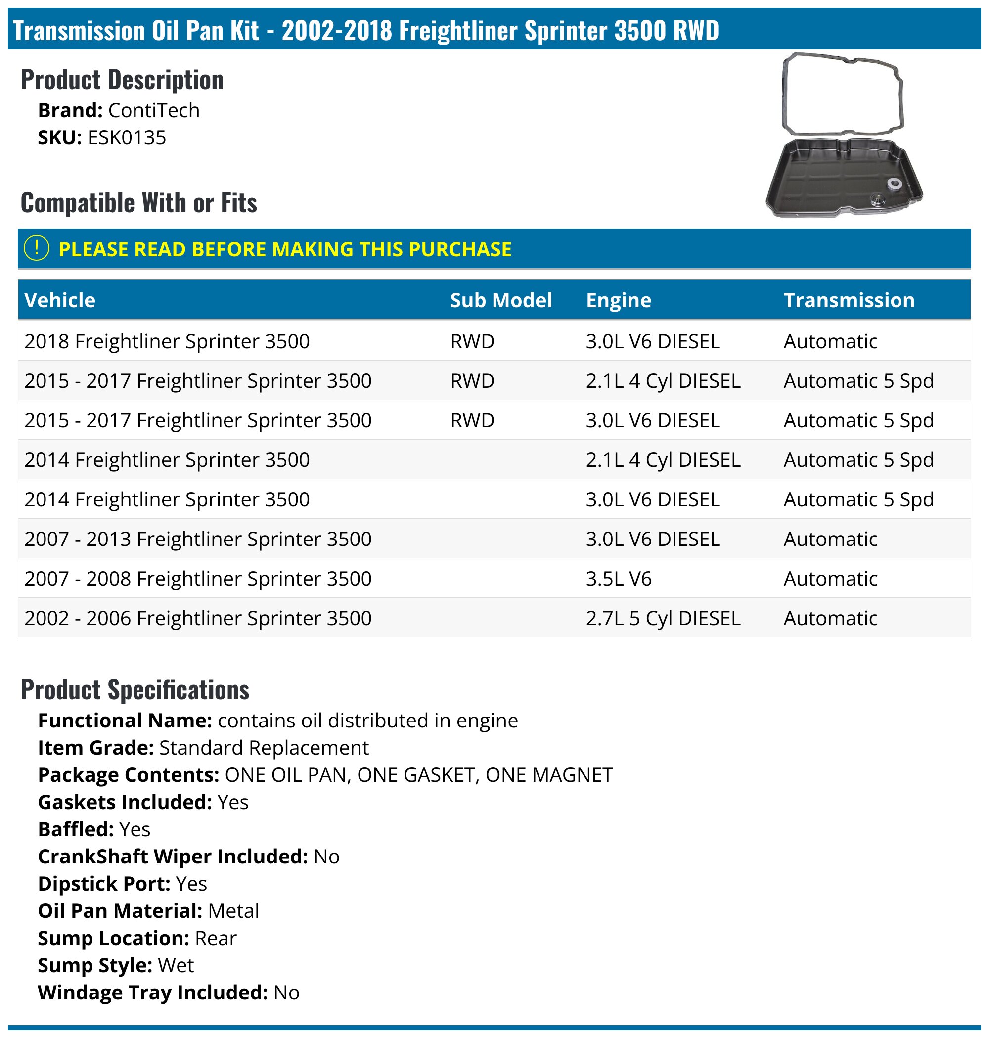 2002-2018 Freightliner Sprinter 3500 Transmission Oil Pan Kit ...