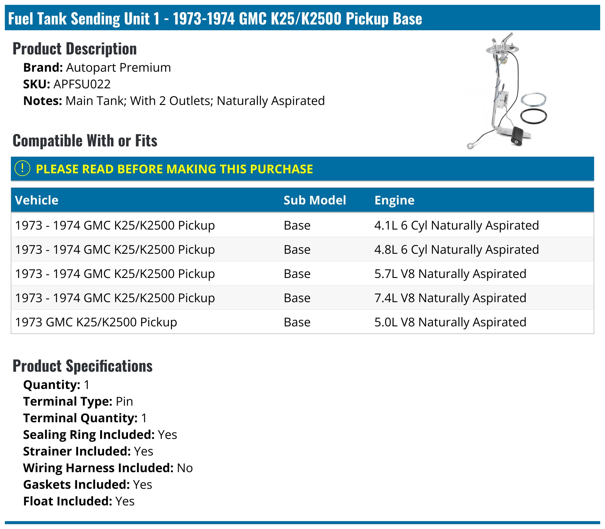 1973-1974 GMC K25/K2500 Pickup Fuel Tank Sending Unit - Autopart ...