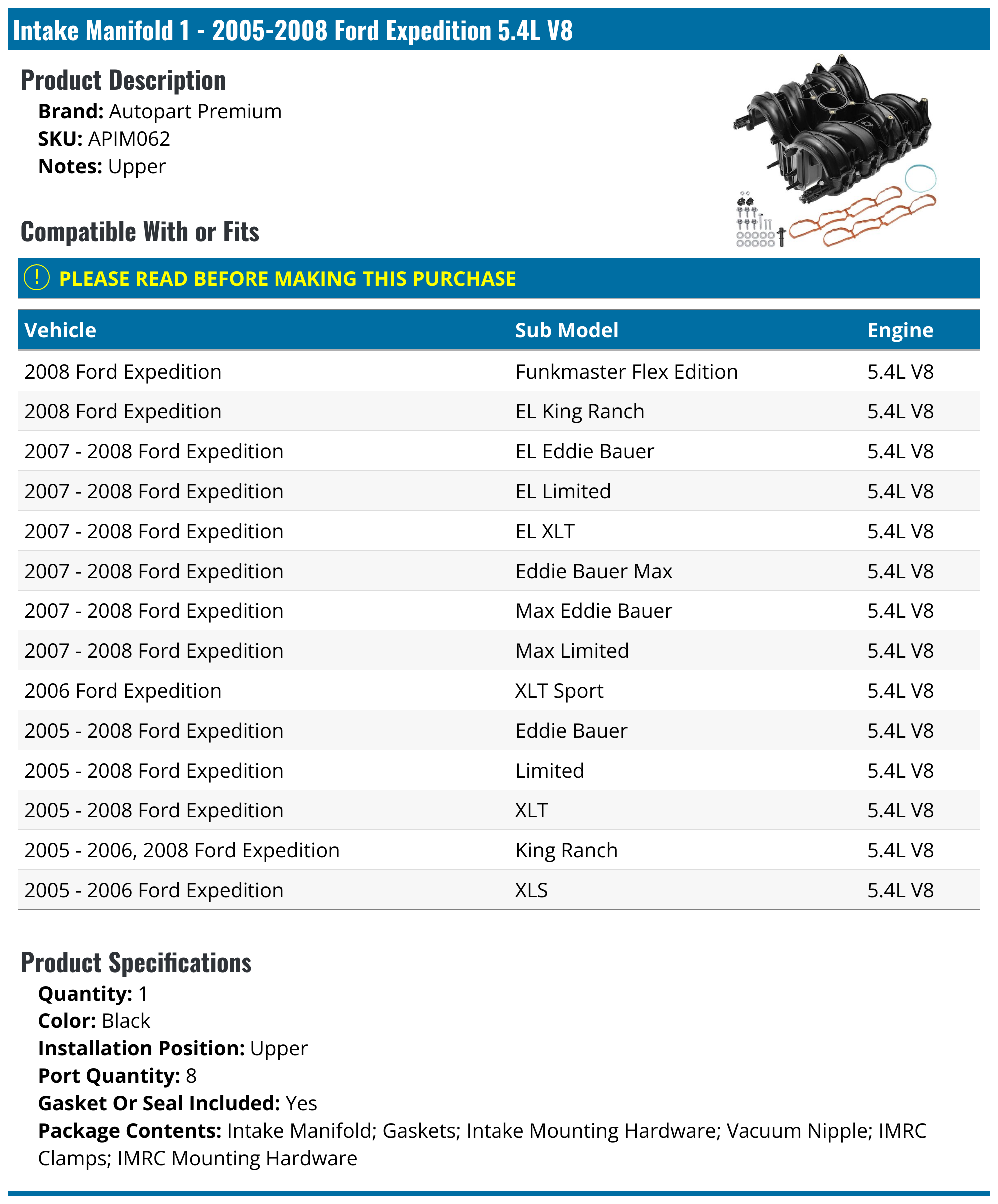 2005-2008 Ford Expedition Intake Manifold - Autopart Premium APIM062 ...