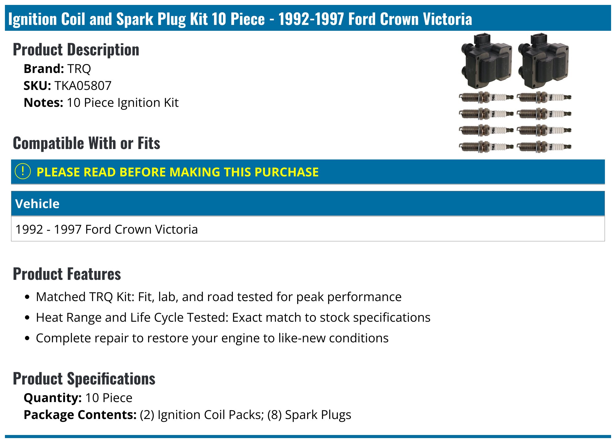 1992-1997 Ford Crown Victoria Ignition Coil - TRQ TKA05807 - PartsGeek.com