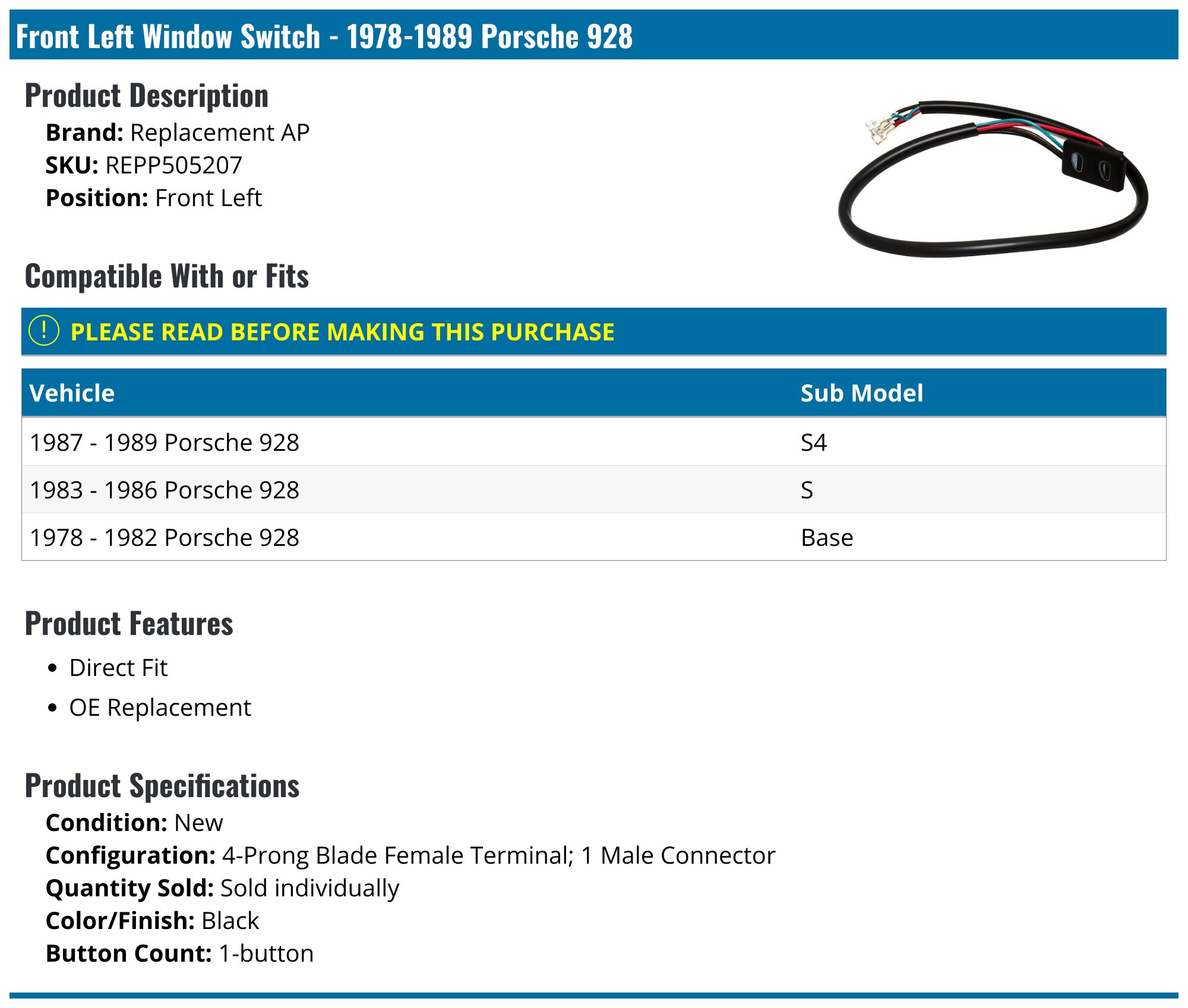 1978-1989 Porsche 928 Window Switch - Replacement AP REPP505207 ...