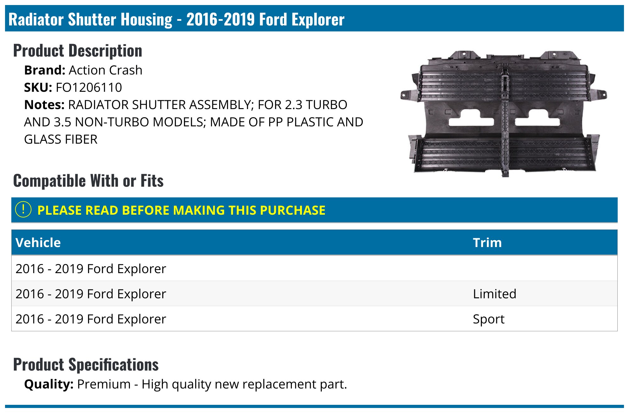 2016-2019 Ford Explorer Radiator Shutter Assembly - Action Crash ...
