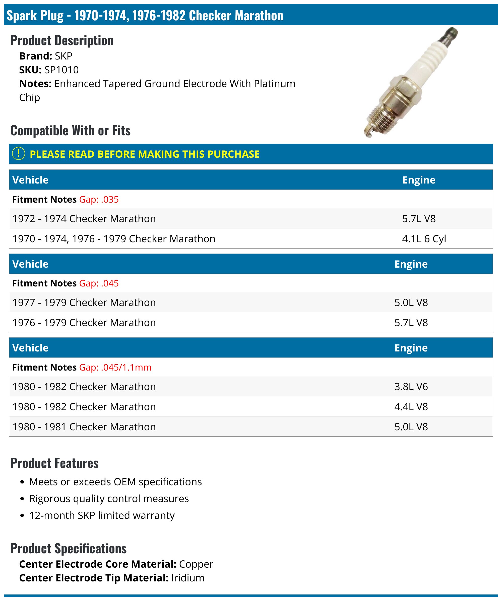 1970-1974, 1976-1982 Checker Marathon Spark Plug - SKP SP1010 ...