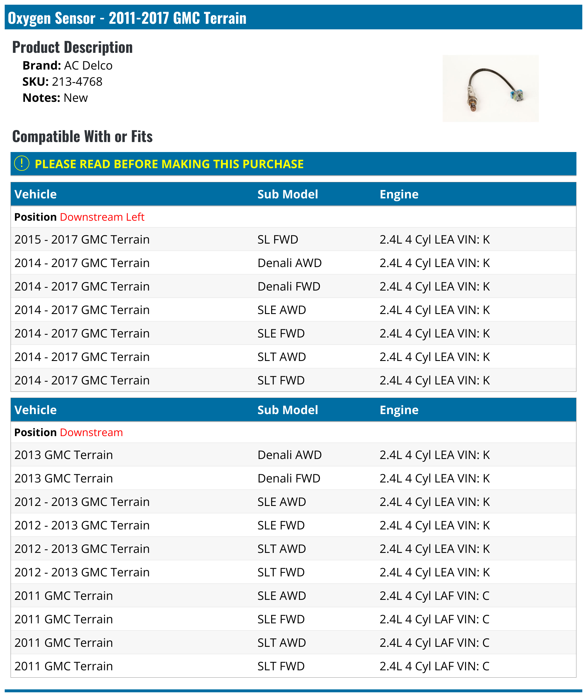 2011-2017 GMC Terrain Oxygen Sensor - AC Delco 213-4768 - Downstream ...