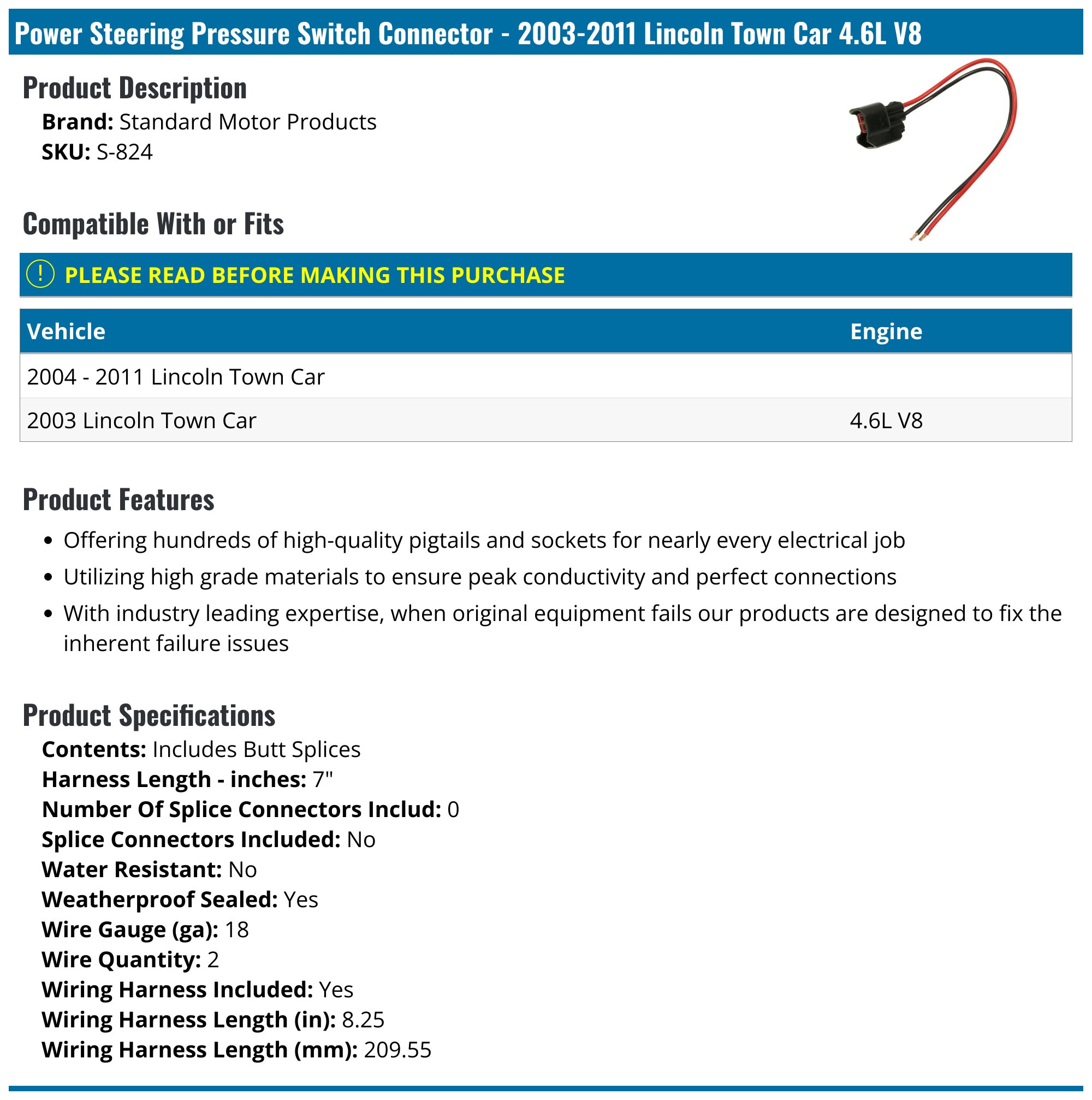 2003-2011 Lincoln Town Car Power Steering Pressure Switch Connector ...