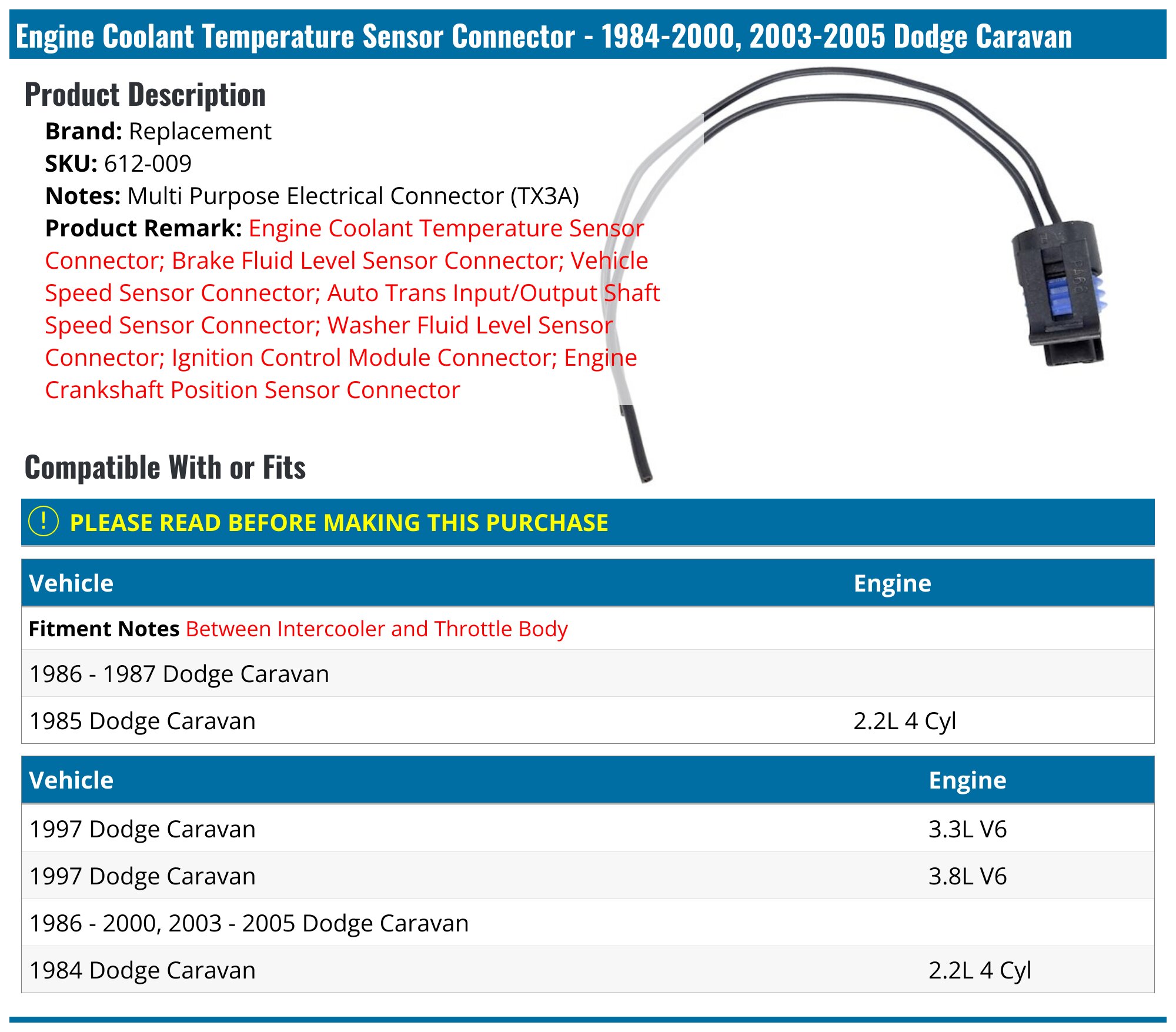1984-2000, 2003-2005 Dodge Caravan Engine Coolant Temperature Sensor ...