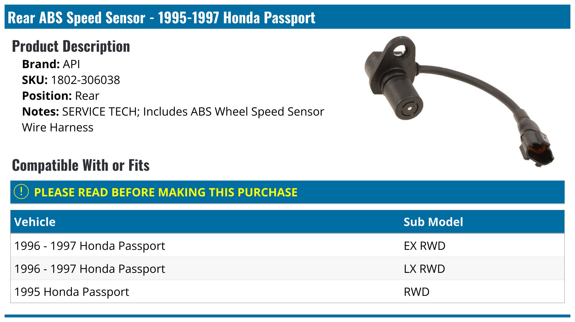 1995-1997 Honda Passport ABS Speed Sensor - API 6042-02907425 - Rear - PartsGeek.com