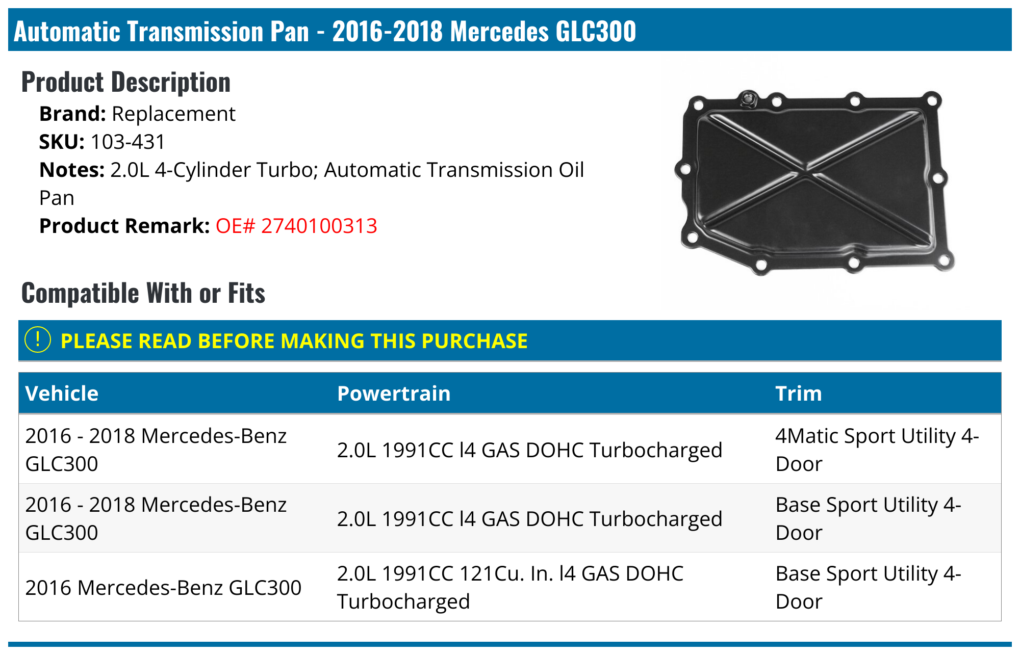 2016-2018 Mercedes GLC300 Automatic Transmission Pan - Replacement 103 ...