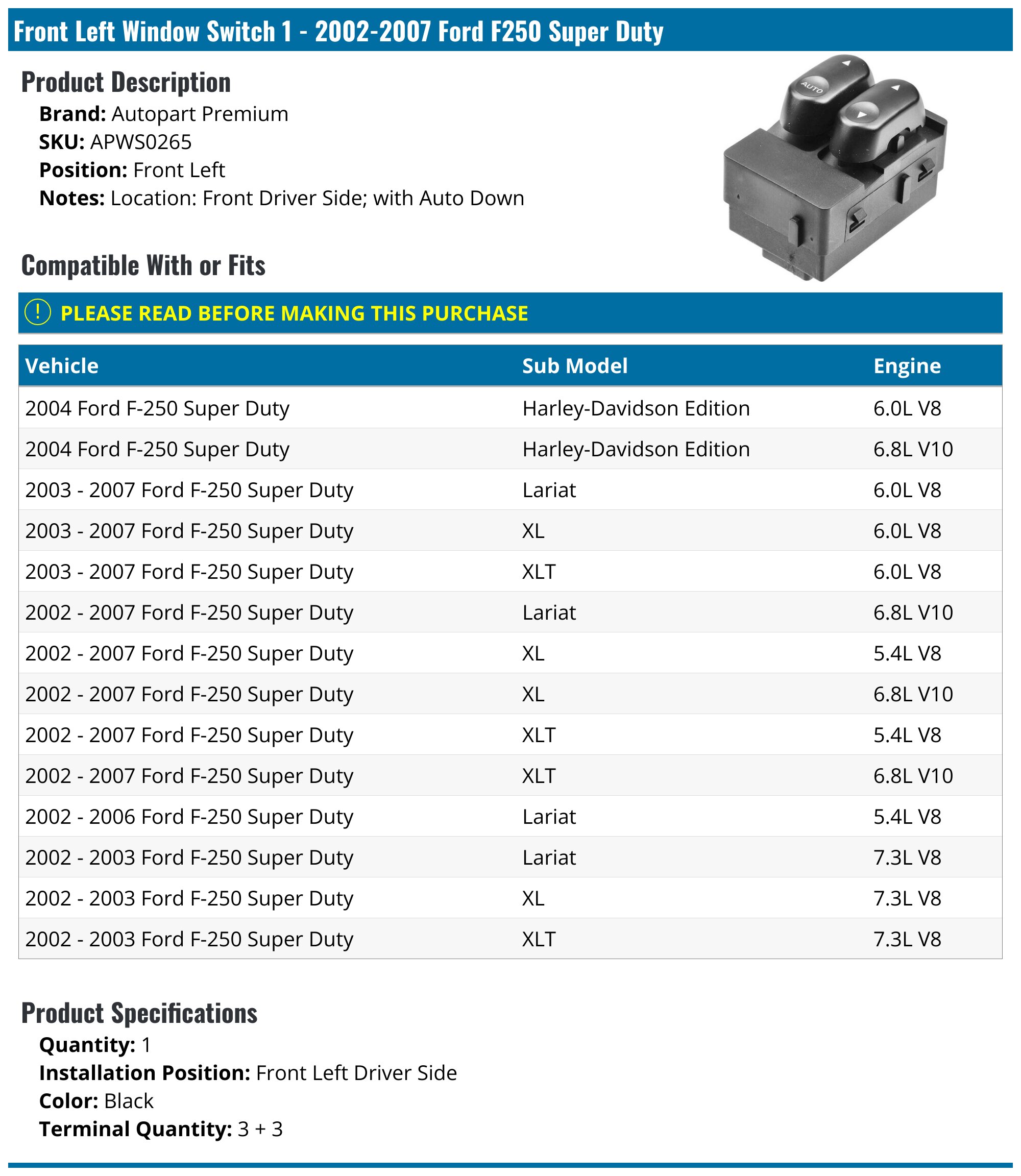 2002-2007 Ford F250 Super Duty Window Switch - Autopart Premium ...
