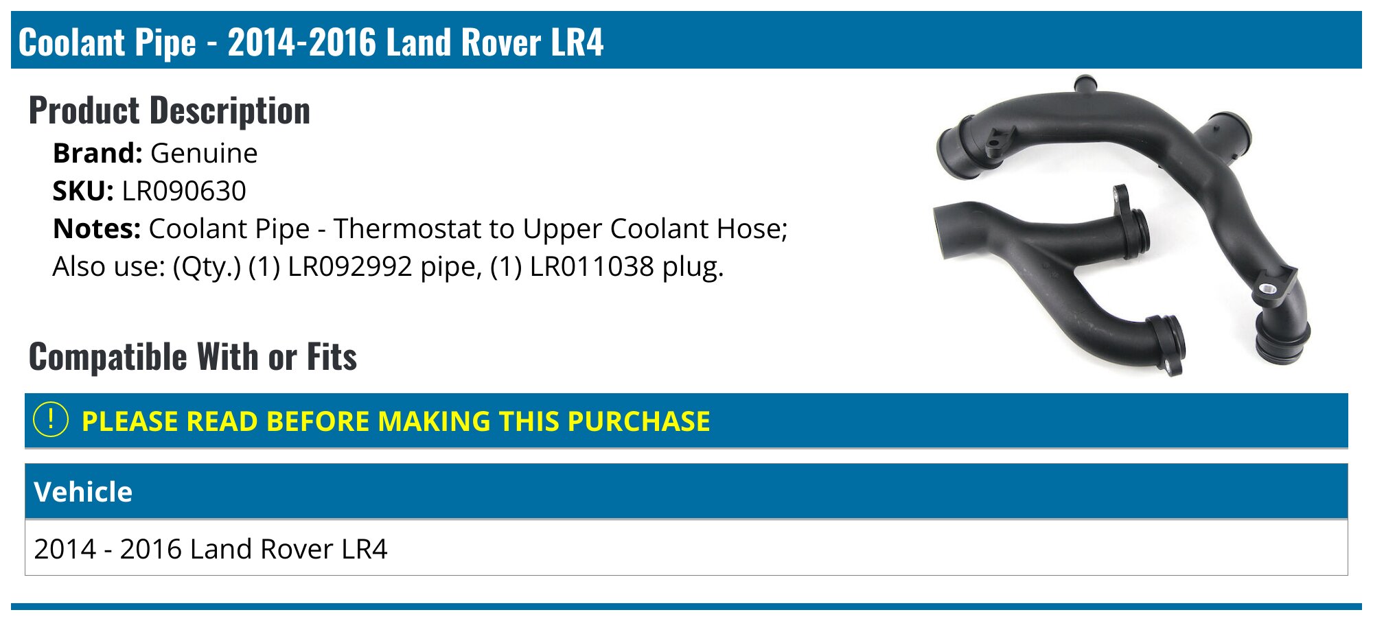 2014-2016 Land Rover LR4 Coolant Pipe - Genuine LR090630 - - PartsGeek.com