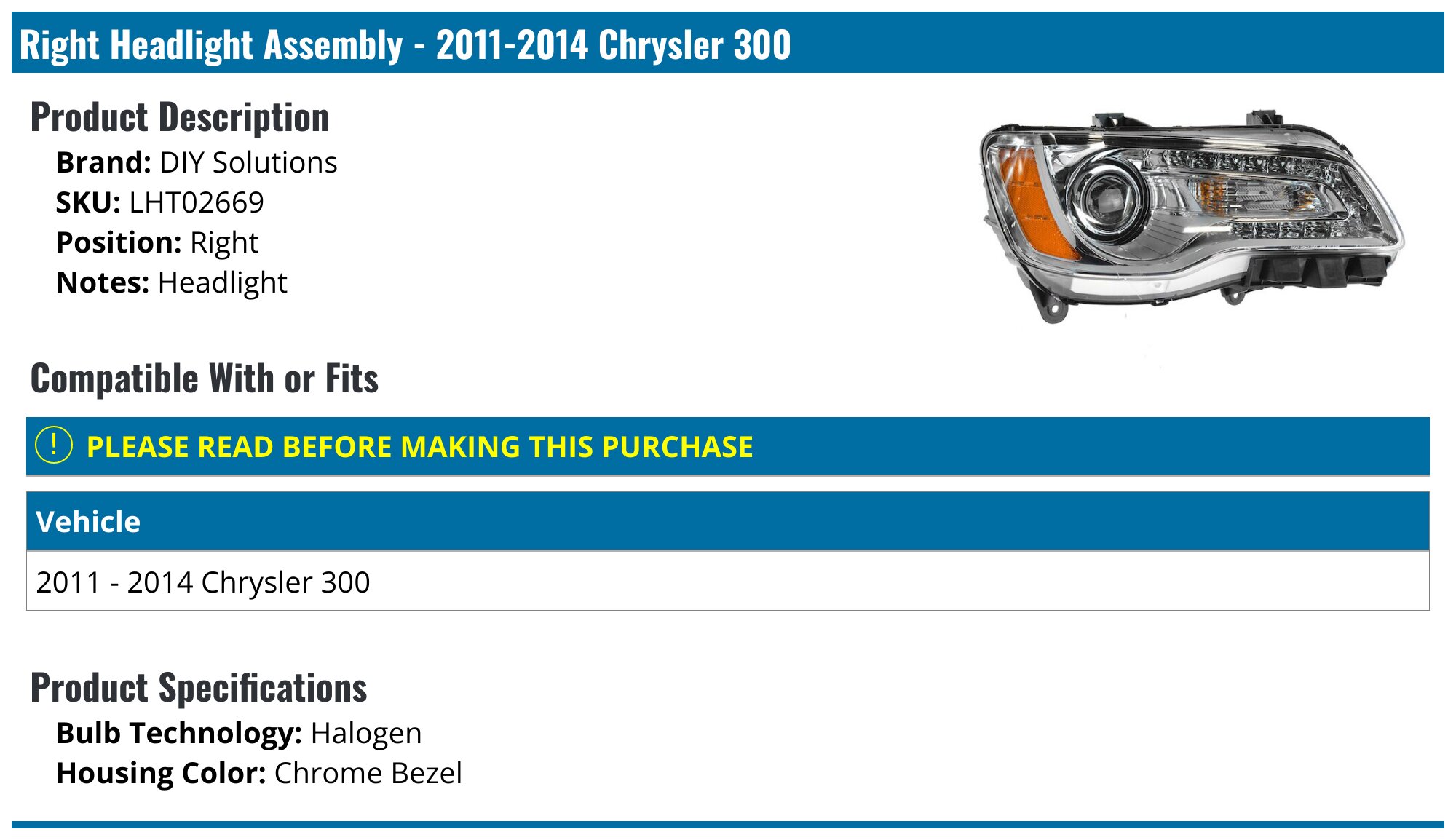 2011-2014 Chrysler 300 Headlight Assembly - DIY Solutions LHT02669 ...