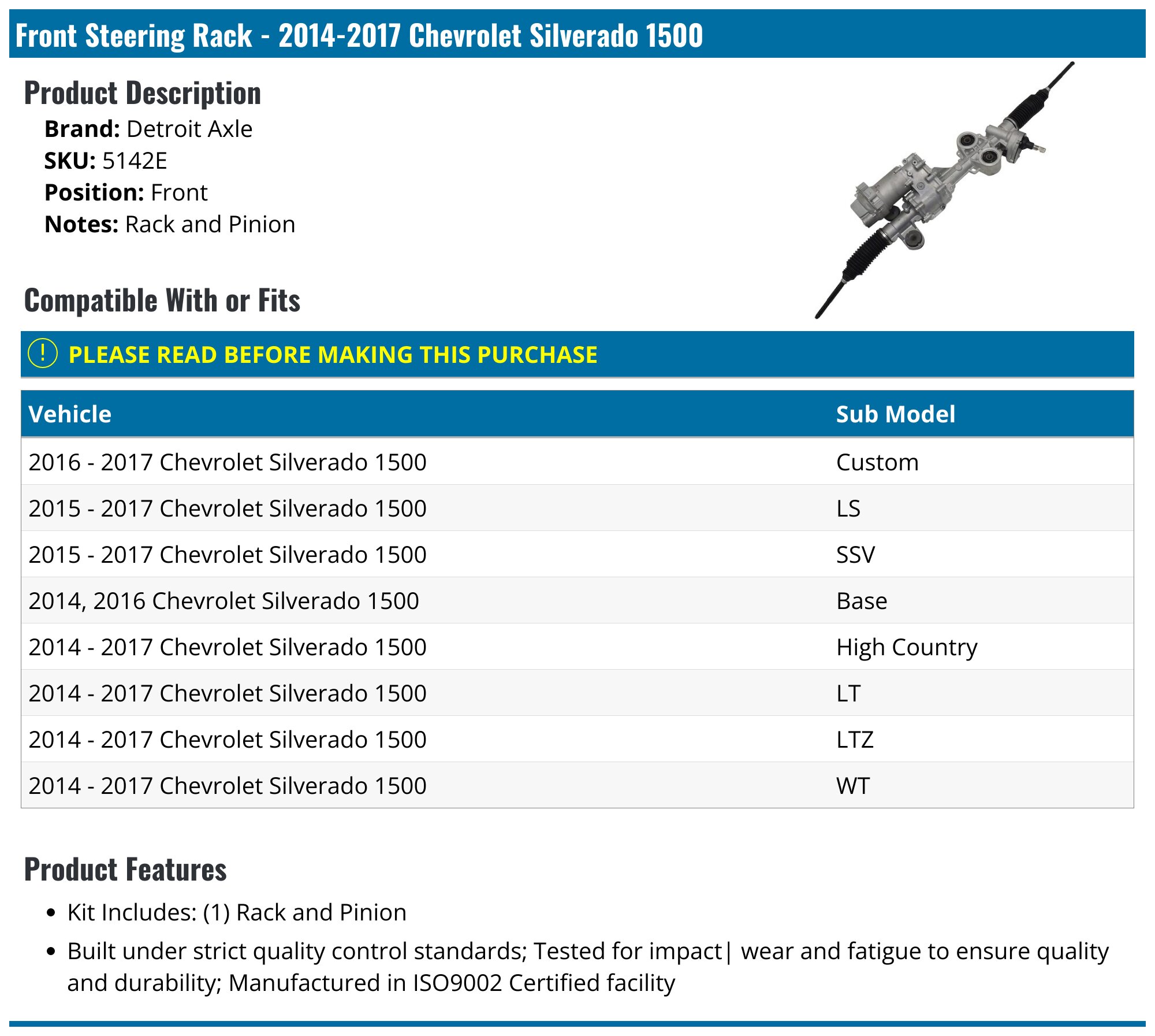 2014-2019 Chevrolet Silverado 1500 Steering Rack - Detroit Axle 5142E ...