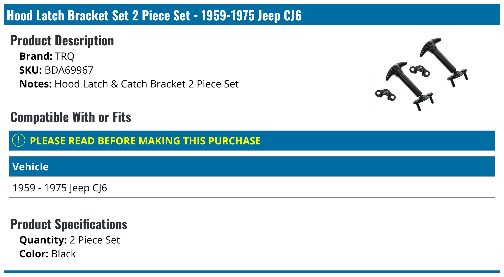 1959-1975 Jeep CJ6 Hood Latch Bracket - TRQ BDA69967 - PartsGeek.com