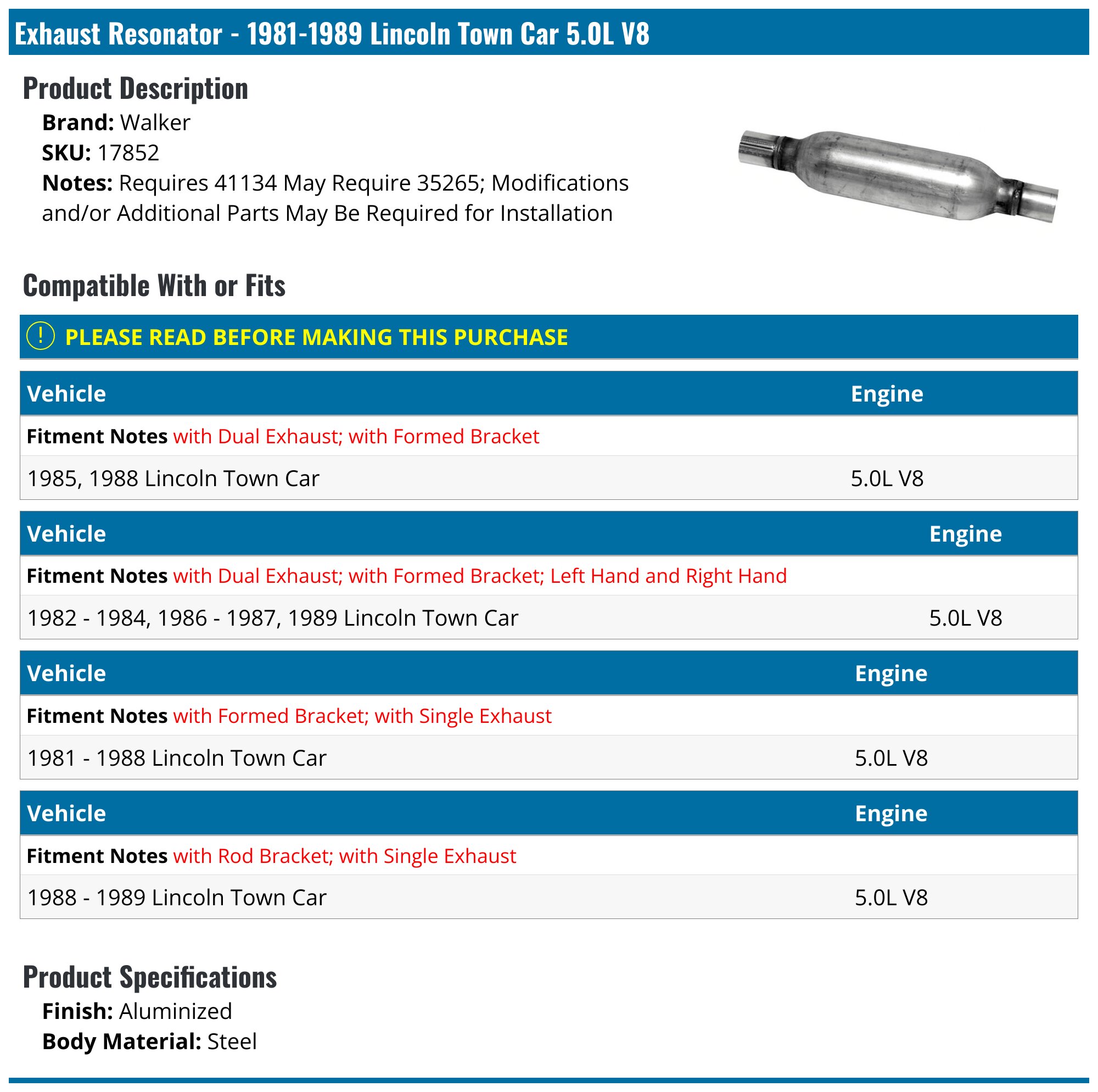 1981-1989 Lincoln Town Car Exhaust Resonator - Walker 17852 - PartsGeek.com