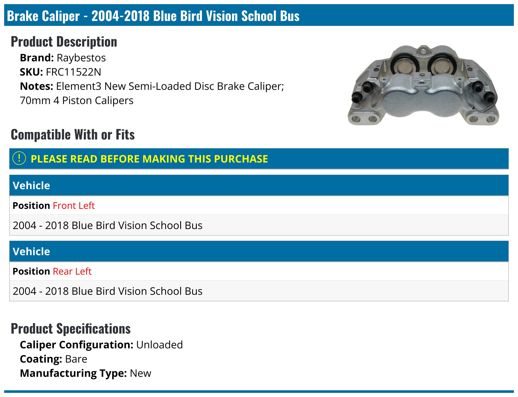 2004-2018 Blue Bird Vision School Bus Brake Caliper - Raybestos ...