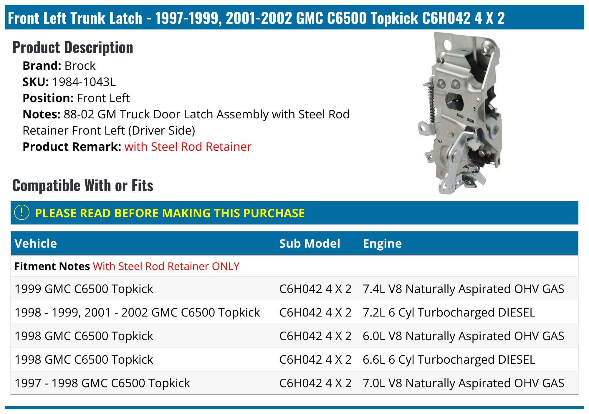 1997-1999, 2001-2002 GMC C6500 Topkick Deck Lid Latch - Brock 1984 ...