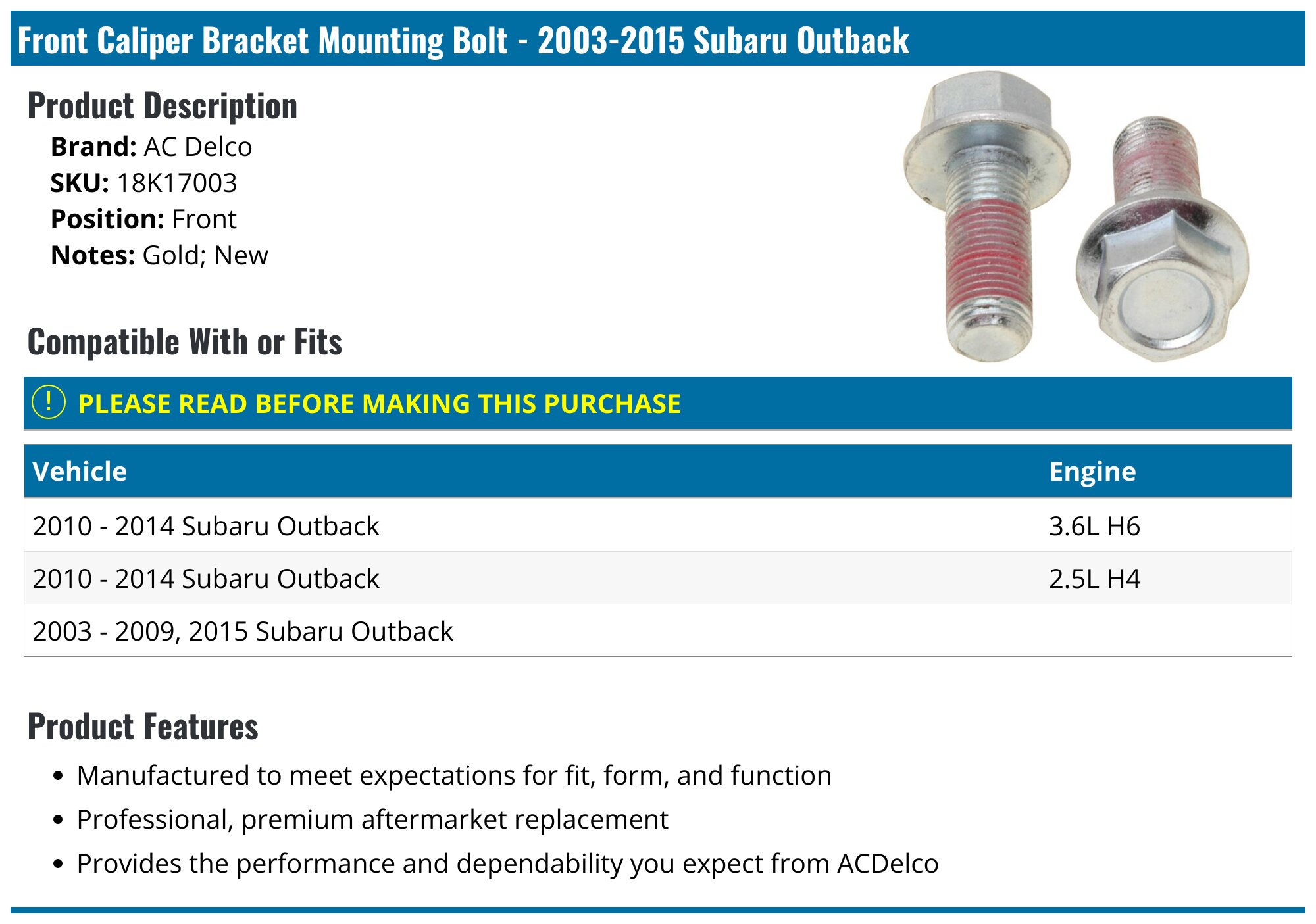 2003-2015 Subaru Outback Caliper Bracket Mounting Bolt - AC Delco ...