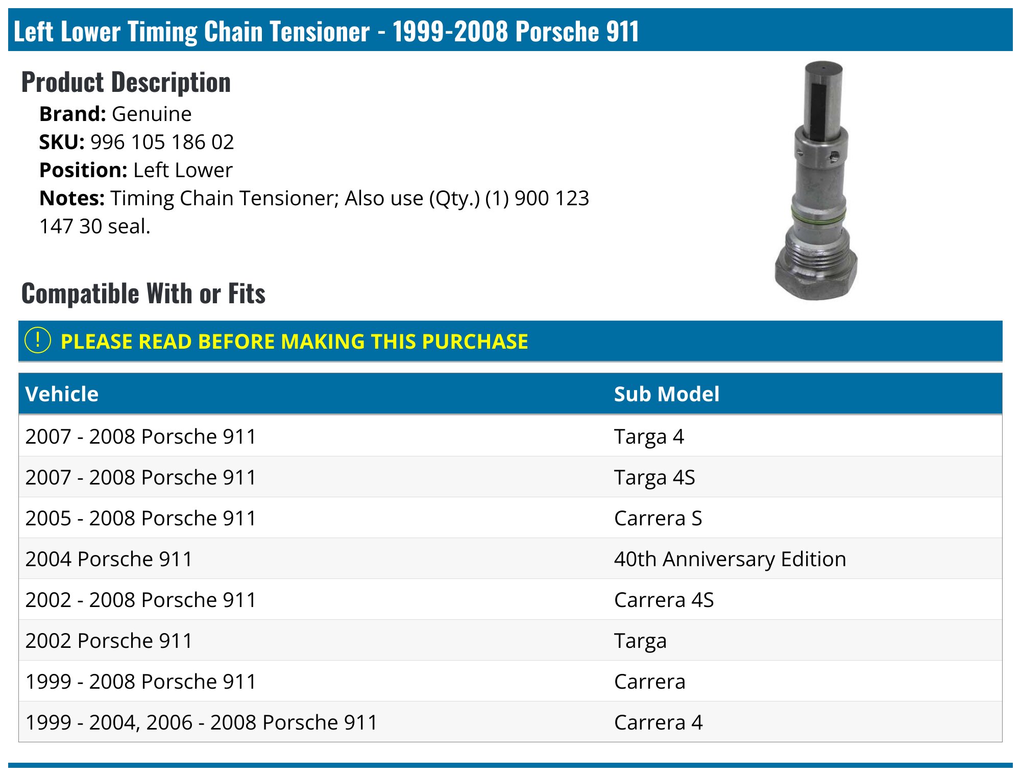 1999-2008 Porsche 911 Timing Chain Tensioner - Genuine 996 105 186 02 ...