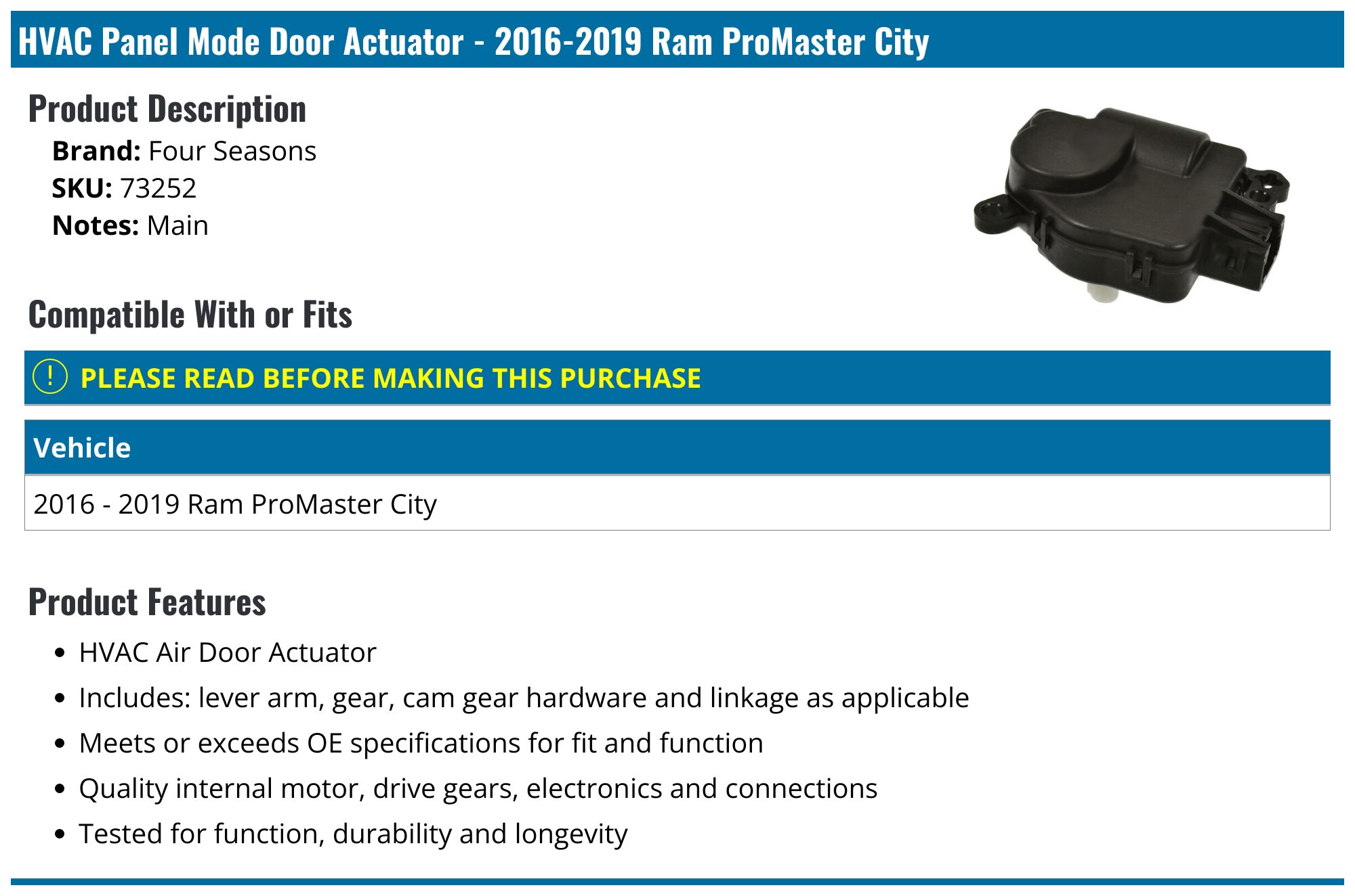 2016-2019 Ram ProMaster City Air Flap Actuator - Four Seasons 73252 ...