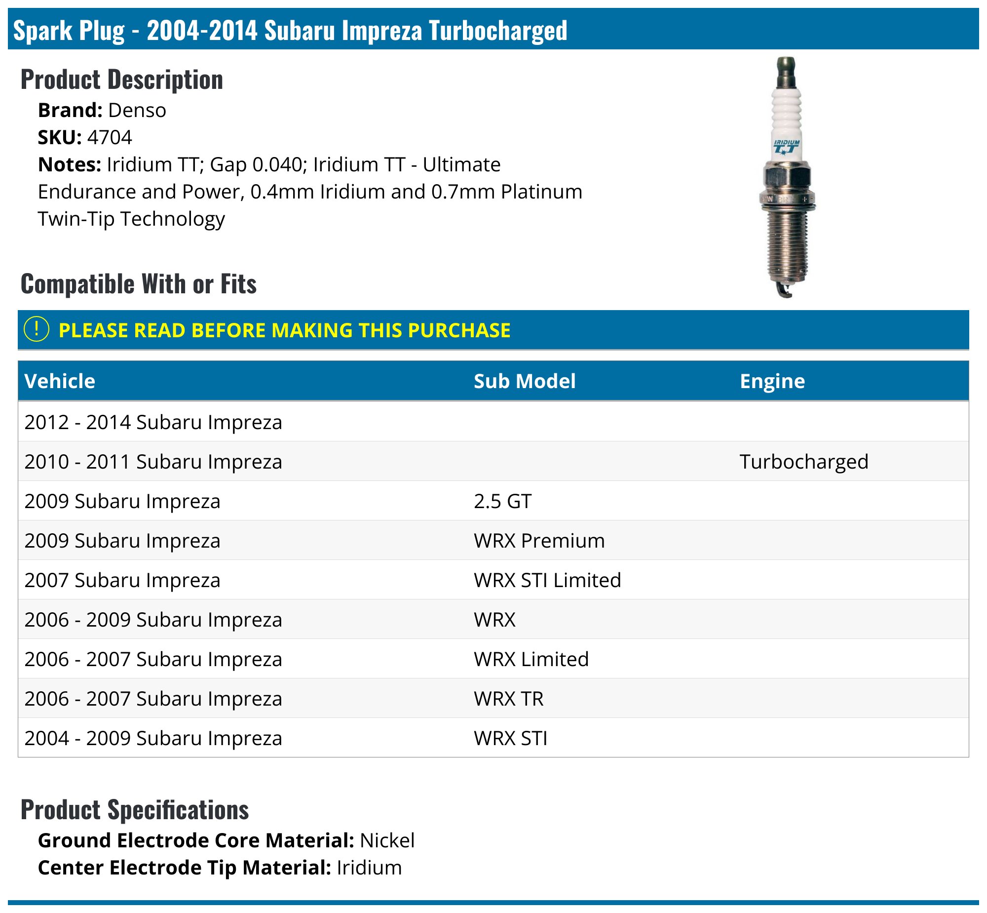 2004-2014 Subaru Impreza Spark Plug - Denso 4704 - PartsGeek.com