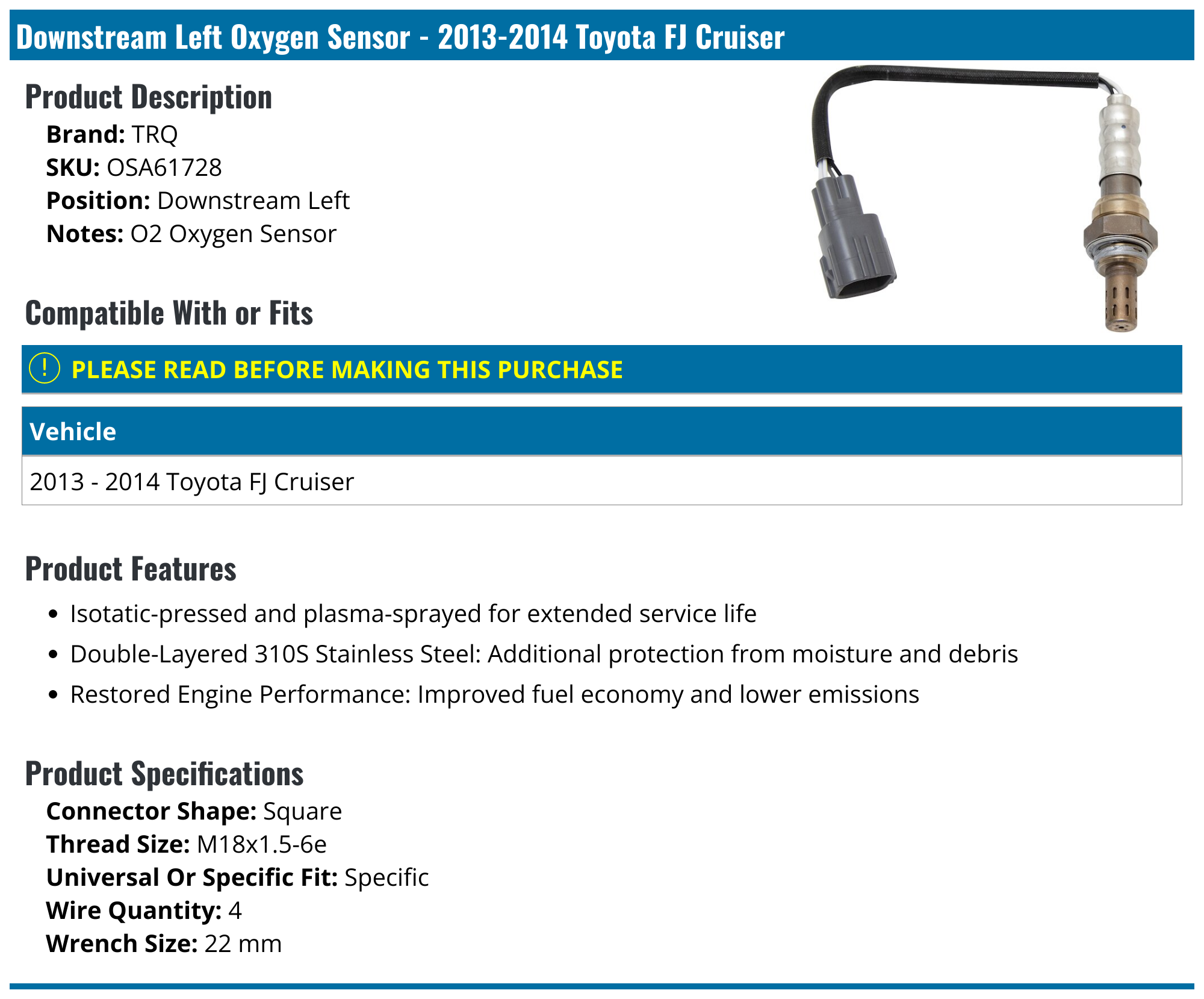 2013-2014 Toyota FJ Cruiser Oxygen Sensor - TRQ OSA61728 - Downstream ...