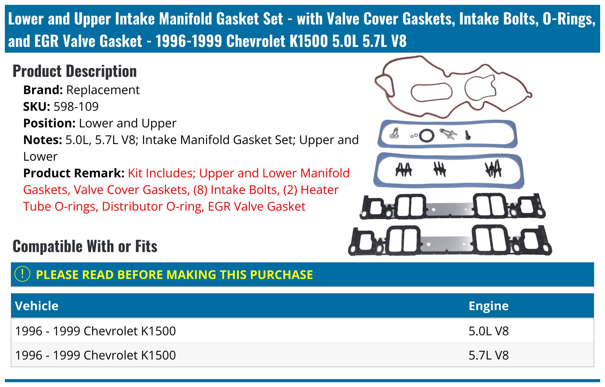 1996-1999 Chevrolet K1500 Intake Manifold Gasket - Replacement 598-109 ...