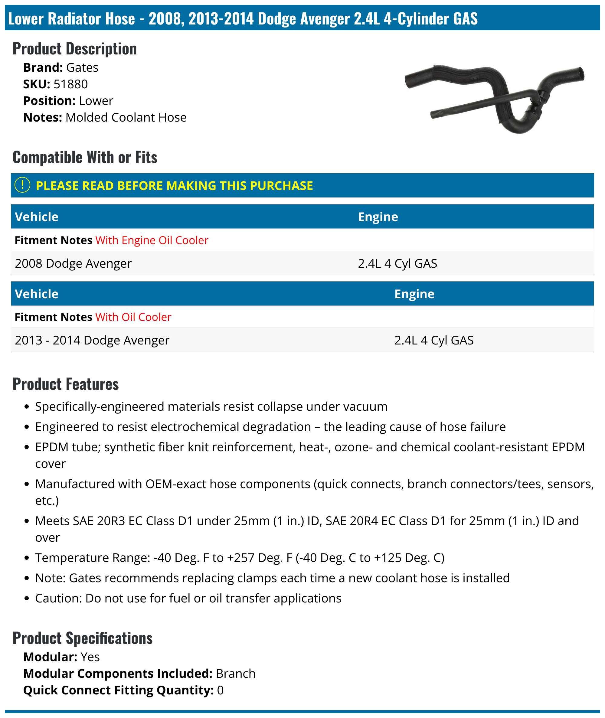 2008, 2013-2014 Dodge Avenger Radiator Hose - Gates 51880 - Lower ...