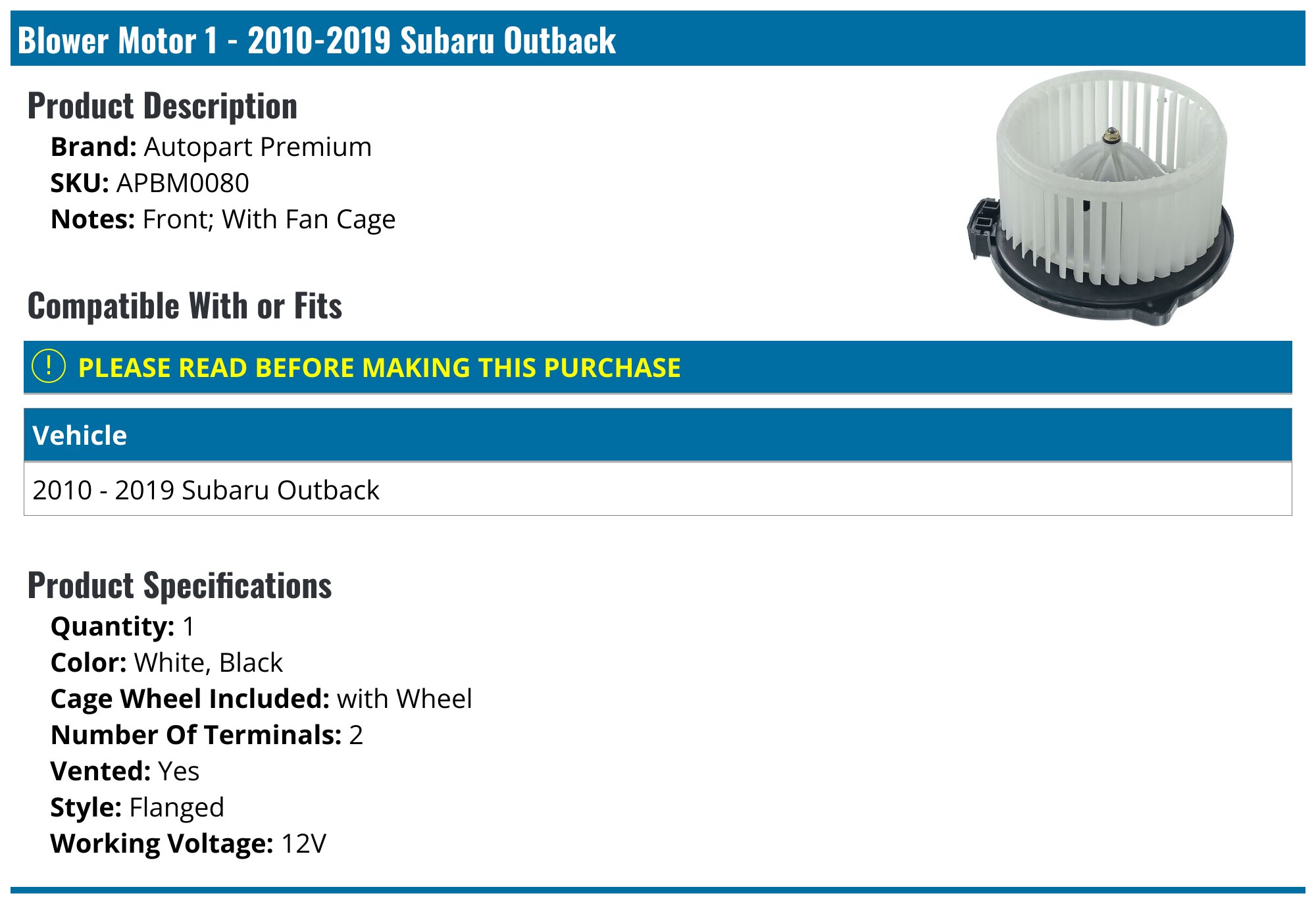 2010-2019 Subaru Outback Blower Motor - Autopart Premium APBM0080 ...