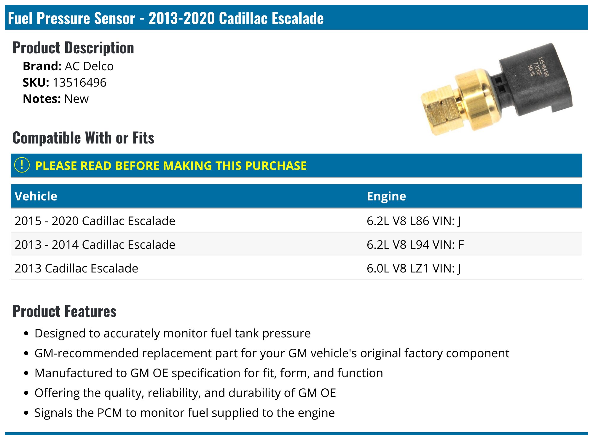 2013-2020 Cadillac Escalade Fuel Pressure Sensor - AC Delco 13516496 ...